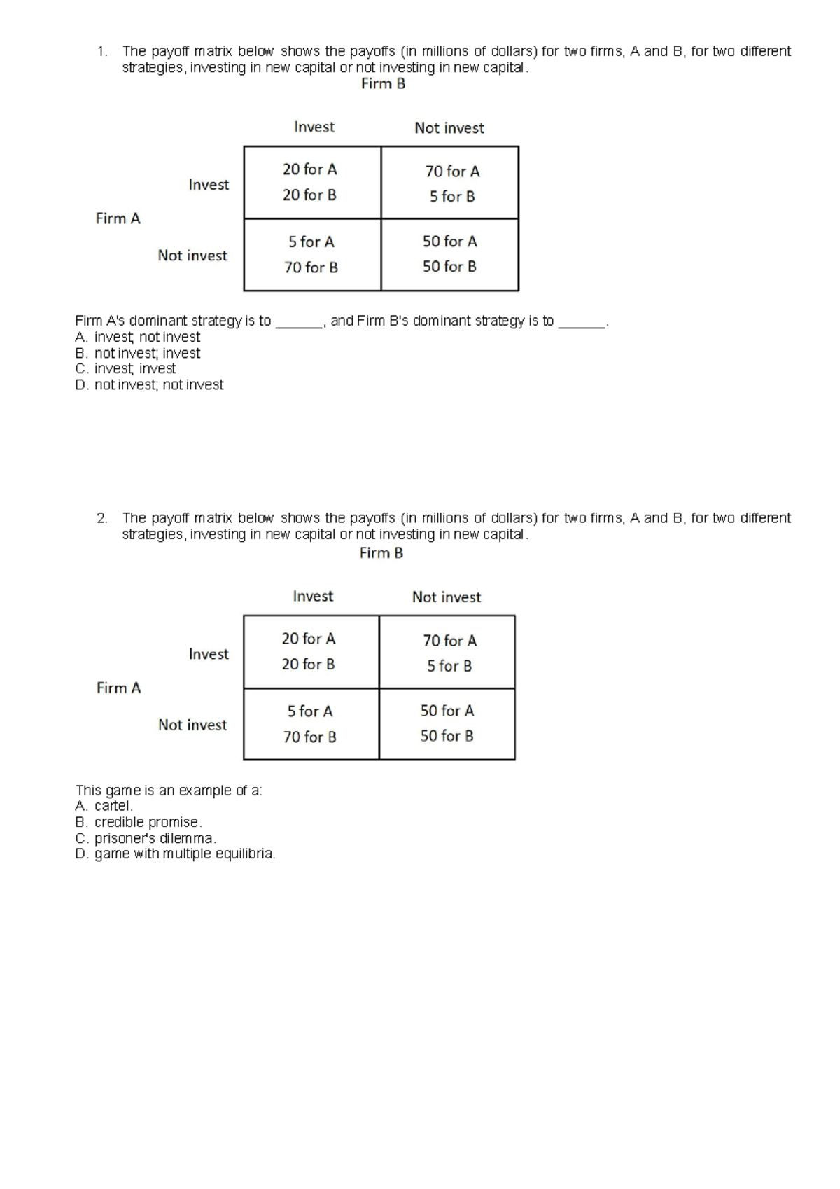 ECON 102 Chapter 9 Game Theory Practice Qs and Analysis - Studocu