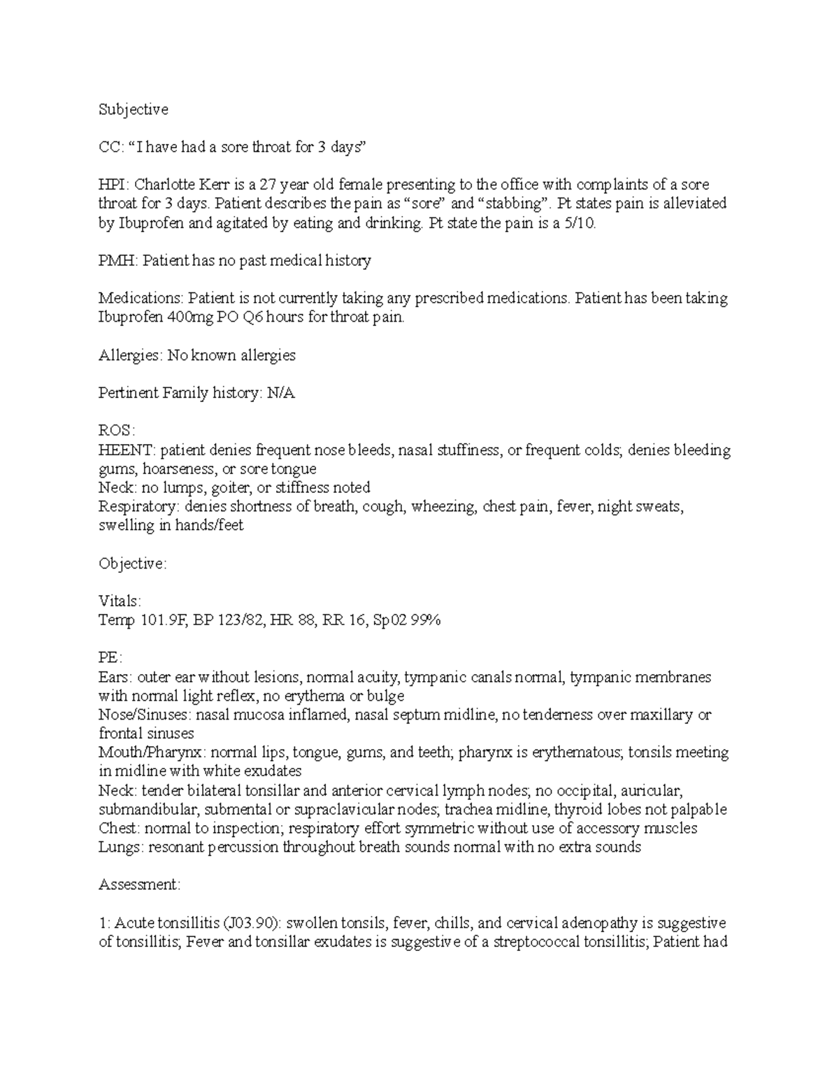 SOAP Note 1 - Acute Tonsillitis Assessment and Plan - Studocu