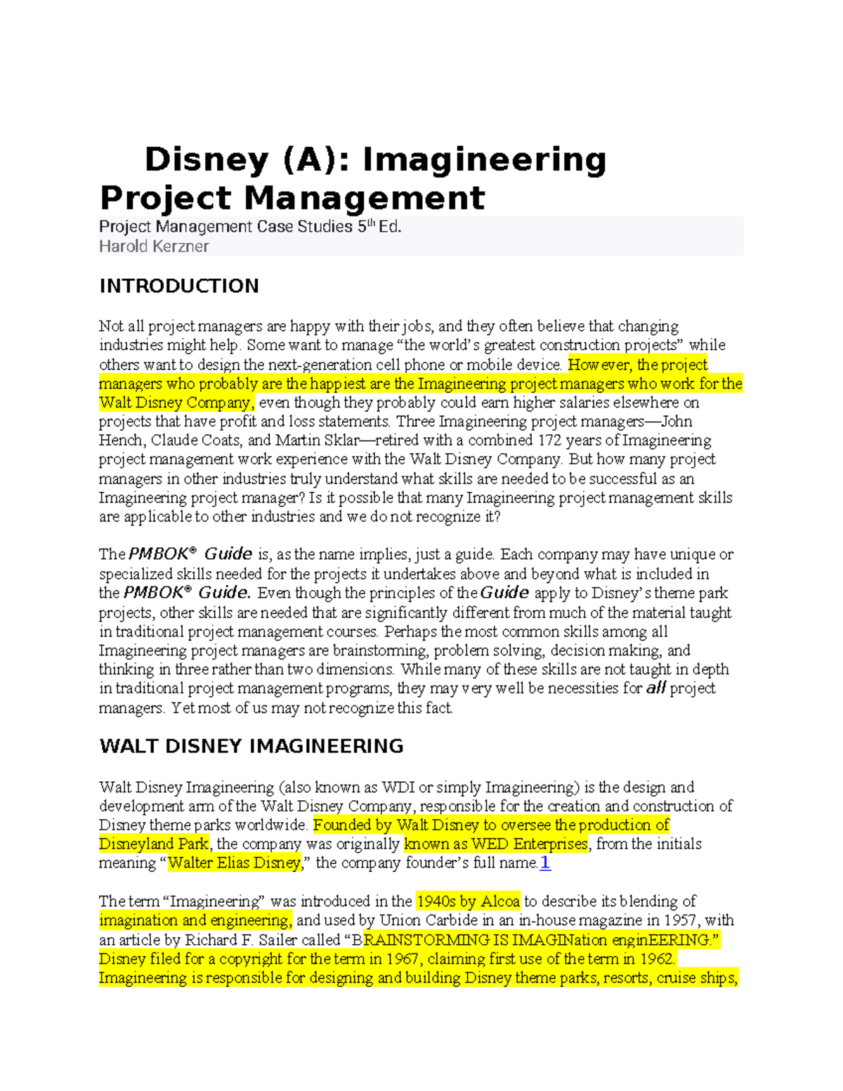 Project Management Case Study: WDI & Imagineering Insights - Studocu