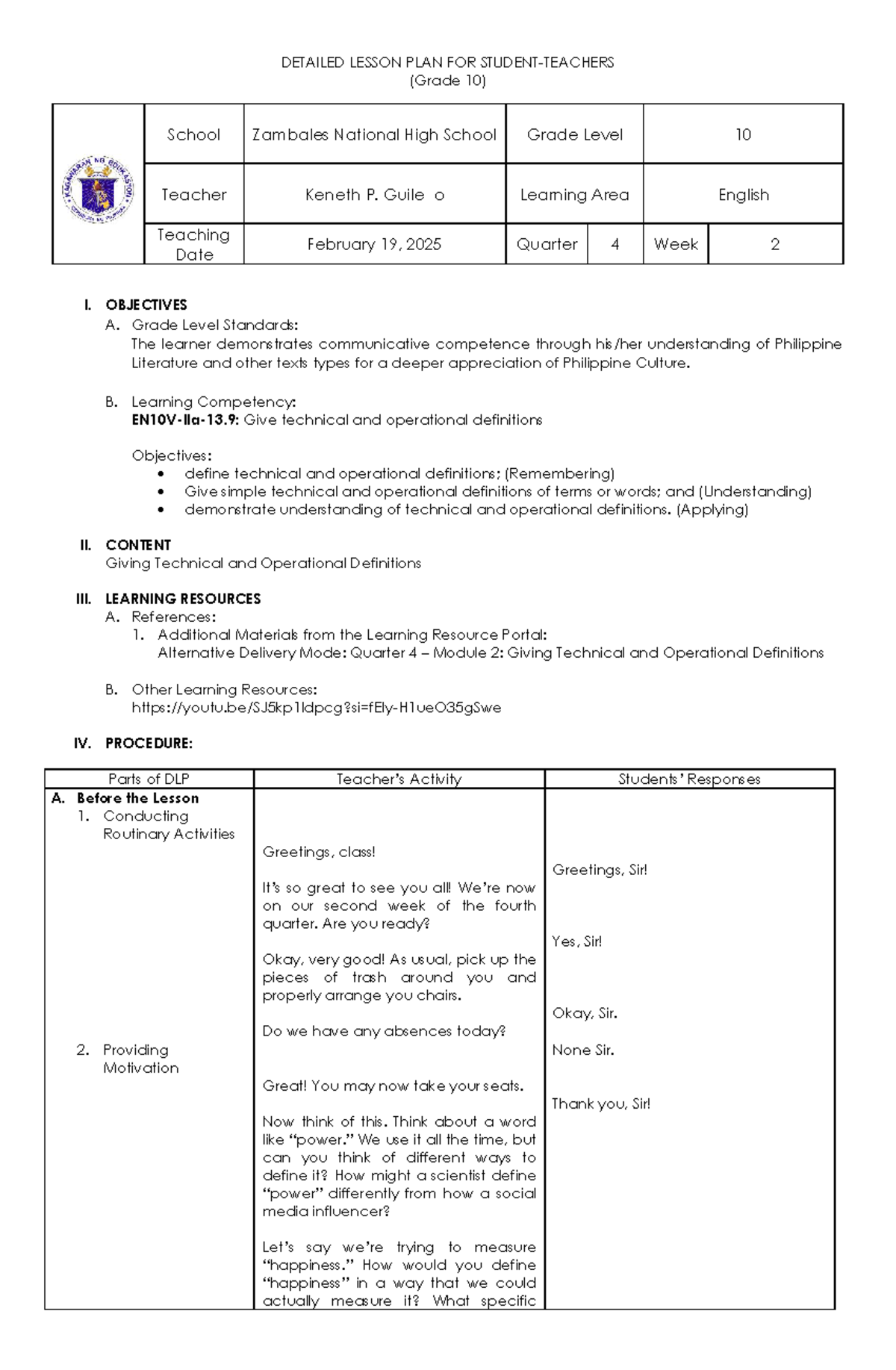 English 10 Q4 M2 Detailed Lesson Plan on Technical Definitions - Studocu
