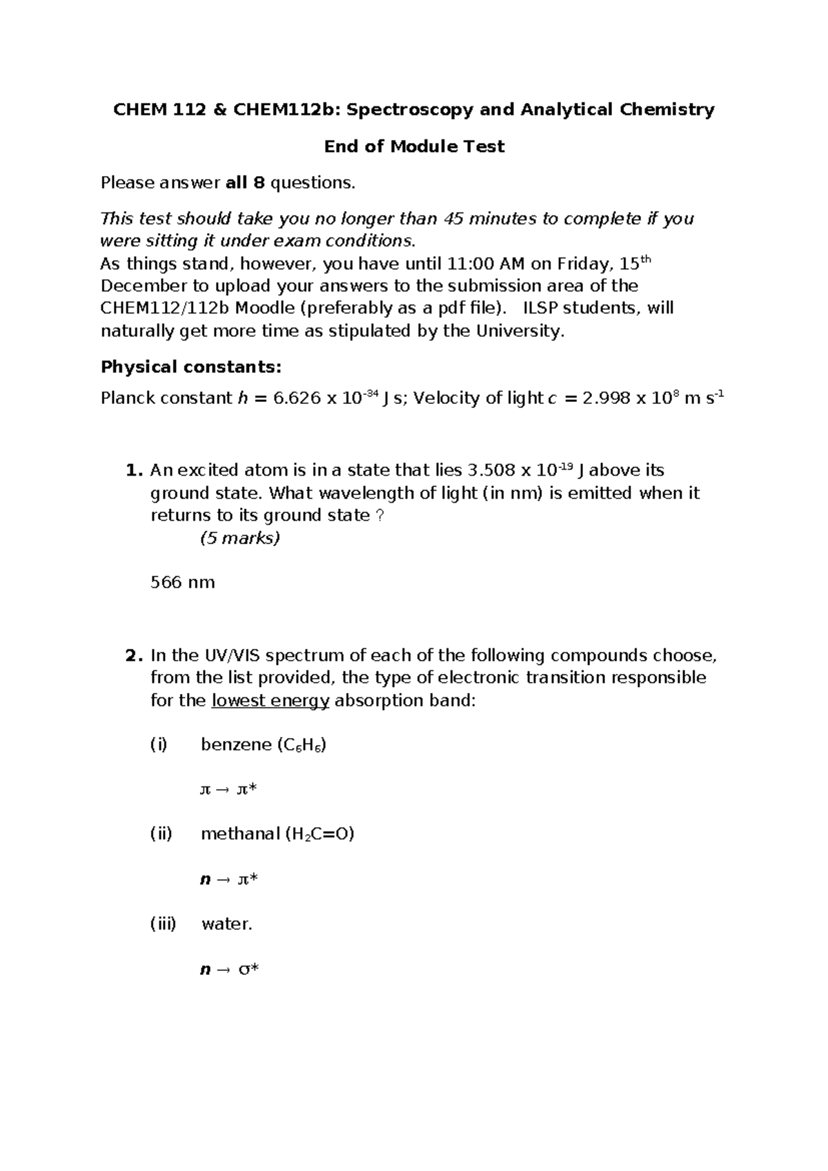 CHEM 112 End of Module Test 2023 - CHEM 112 & CHEM112b: Spectroscopy ...