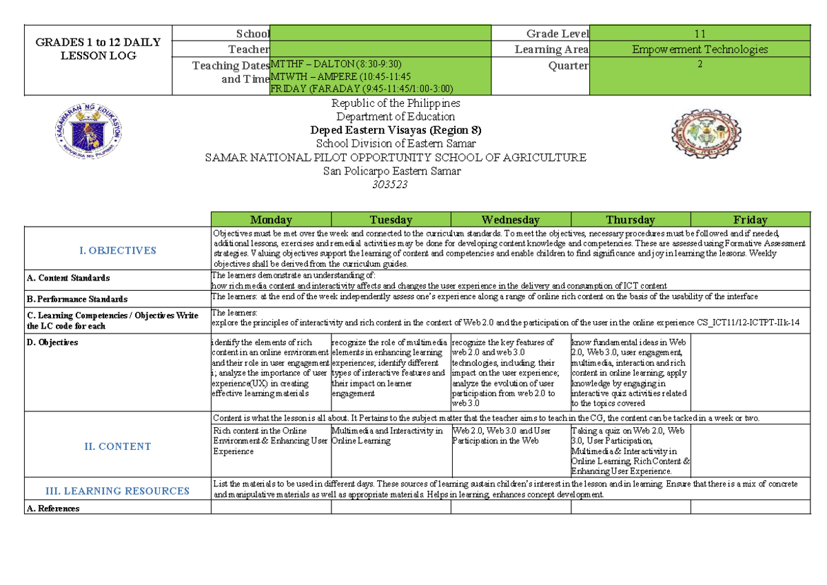 DLL Standard (1) Emtech: Daily Lesson Log for Grades 1-12 - Studocu