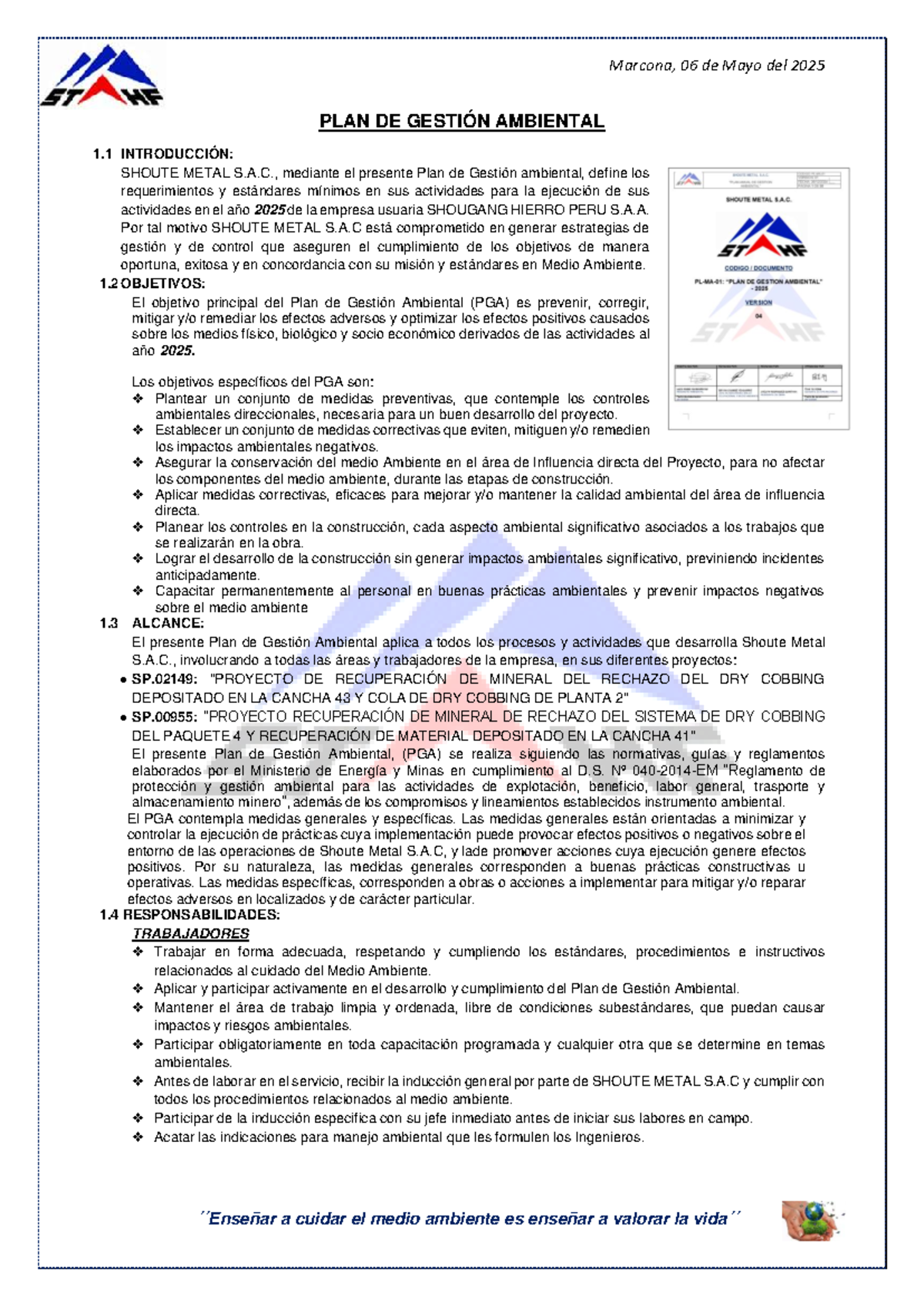 06. PGA 2025 - Plan de Gestión Ambiental de Shoute Metal S.A. - Studocu