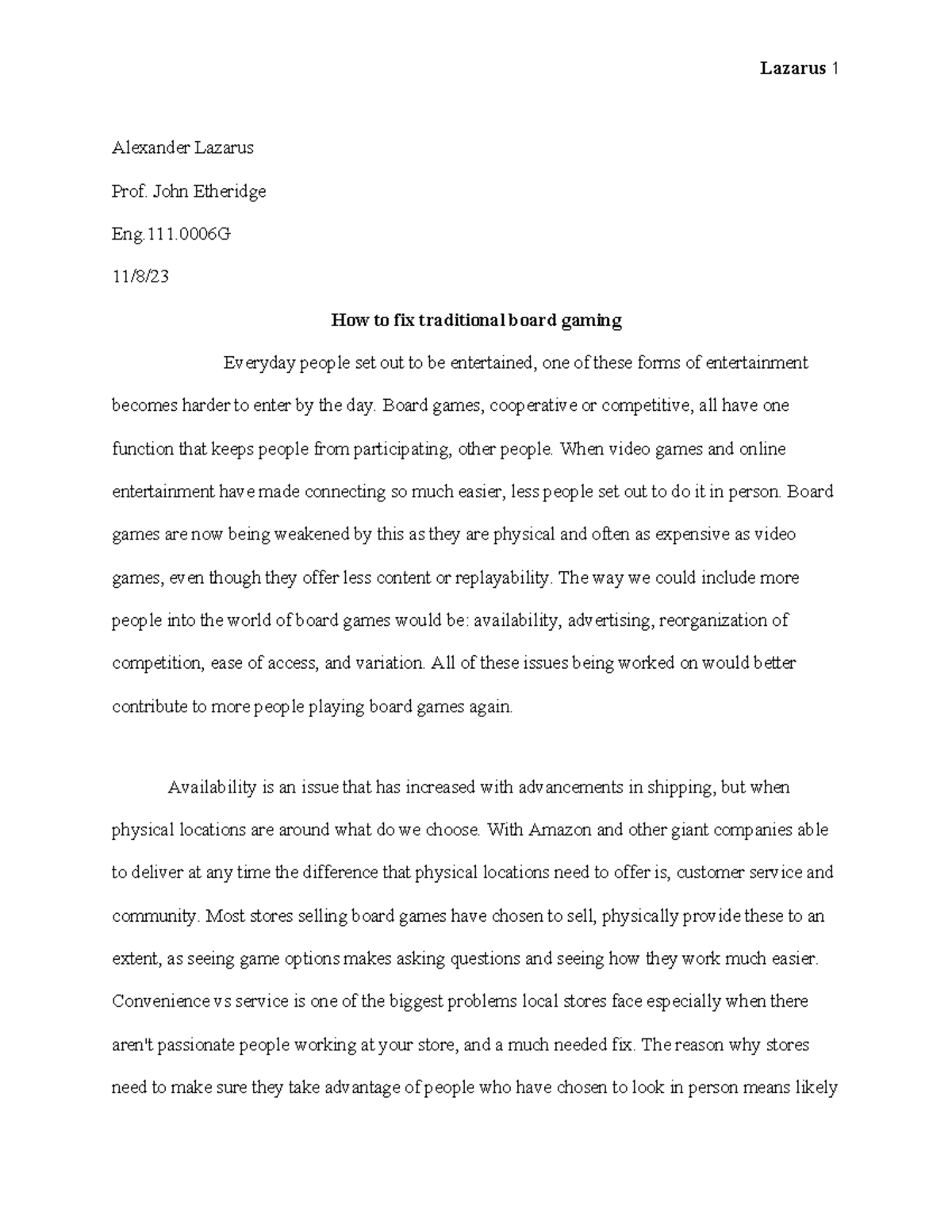 Eng.111 Essay: Solutions for Reviving Traditional Board Gaming - Studocu