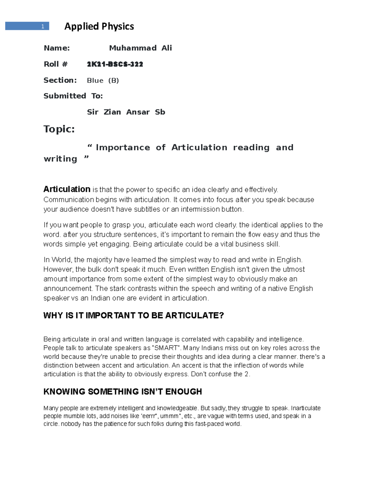 2K21-BSCS-322 (Muhammad Ali) - 1 Applied Physics Name: Muhammad Ali ...