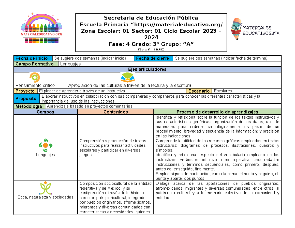 Planeación 3er Grado: Proyecto Instructivos para Aprender Juntos - Studocu