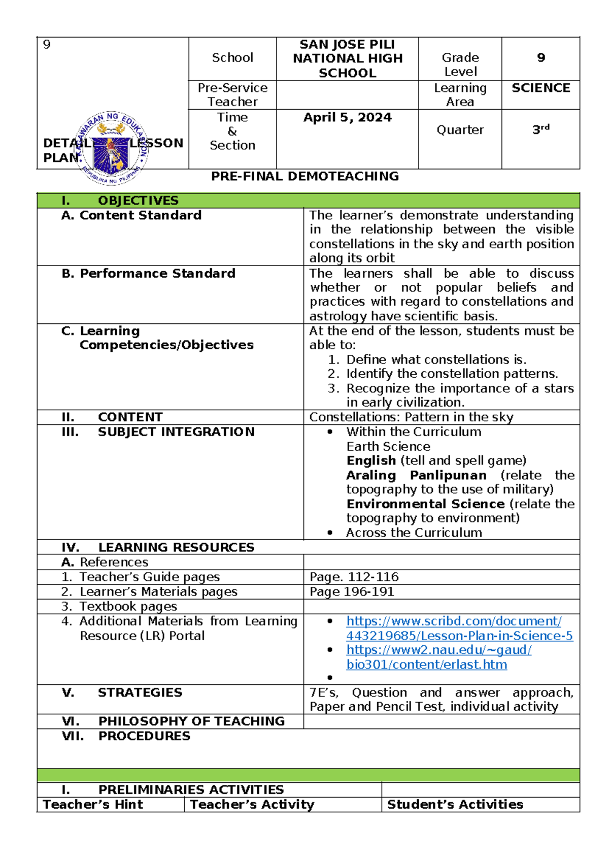 DLP Constellation Final Lesson Plan for Grade 9 Science - Studocu