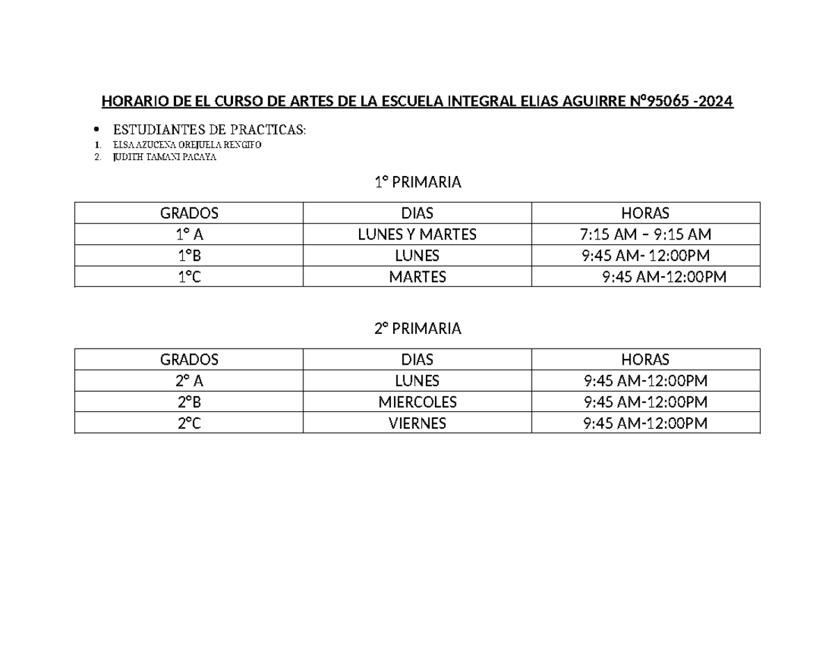 Horario DE EL Curso DE Artes DE LA Escuela Integral Elias Aguirre N ...
