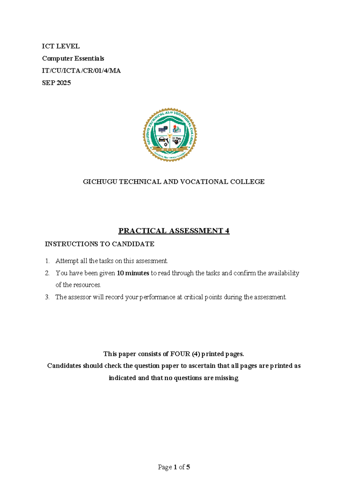 ICT LEVEL Computer Essentials Practical Assessment 4 - SEP 2025 - Studocu