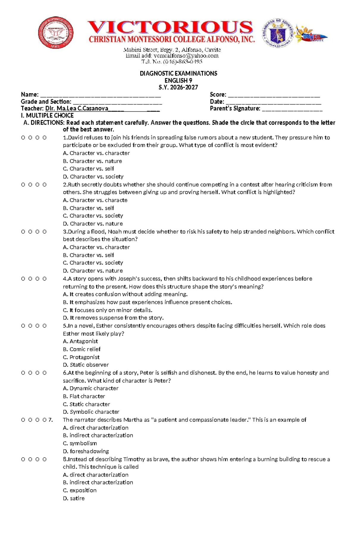 English 9 Diagnostic Exam: Multiple Choice Questions and Analysis - Studocu