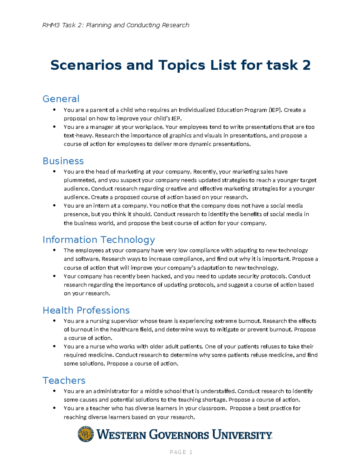 Scenarios and Topics List - RHM3 Task 2: Planning and Conducting ...