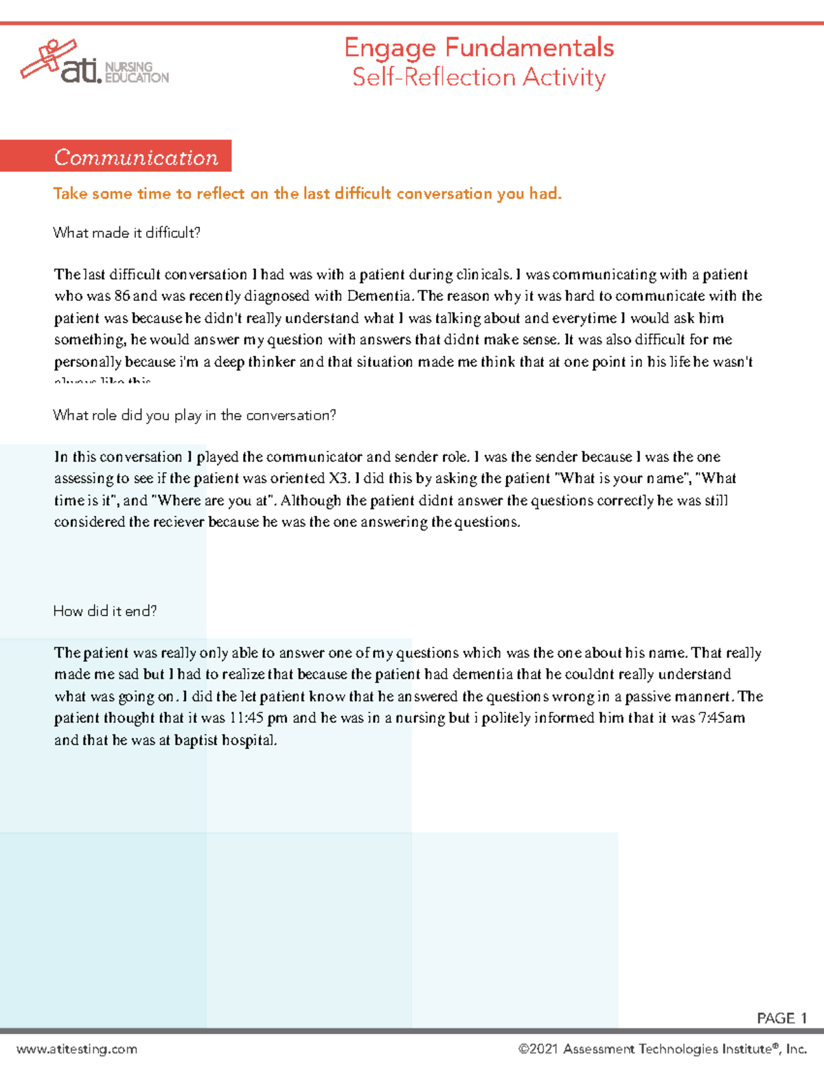 Self reflection activity - Communication - atitesting ©2021 Assessment ...