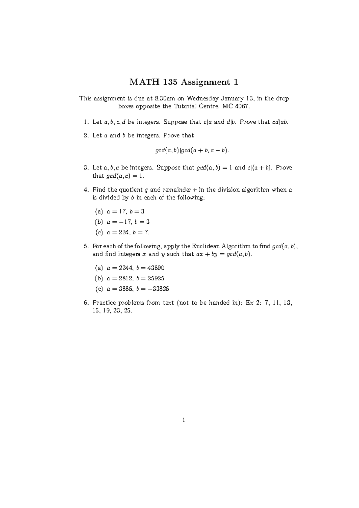MATH 135 A1 - Assignment 1: Integer Properties & GCD Proofs - Studocu