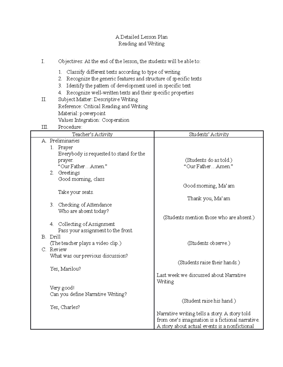 Lesson Plan on Descriptive Writing: Reading & Writing Objectives - Studocu