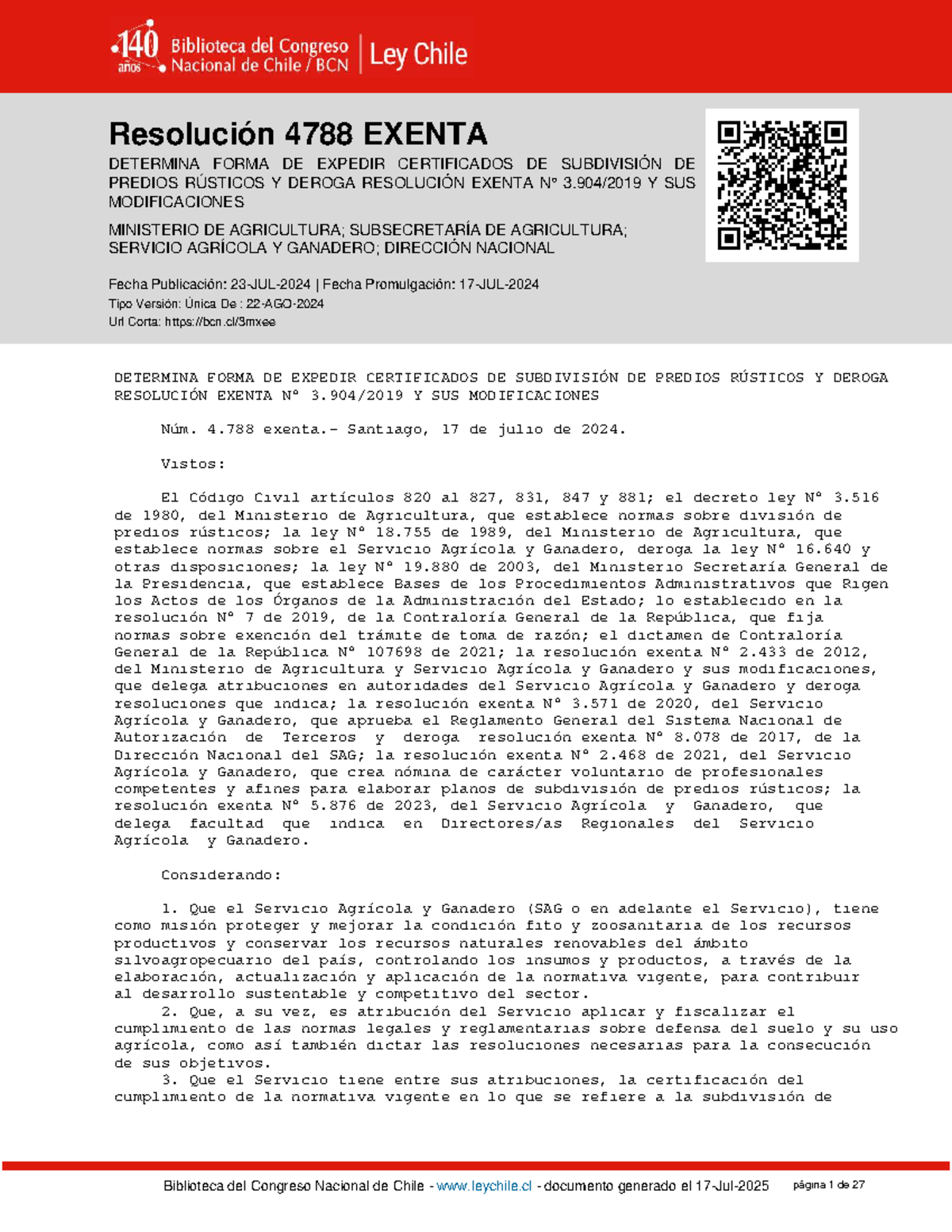 Resolución 4788 Exenta: Procedimiento para Certificación de Subdivisión ...