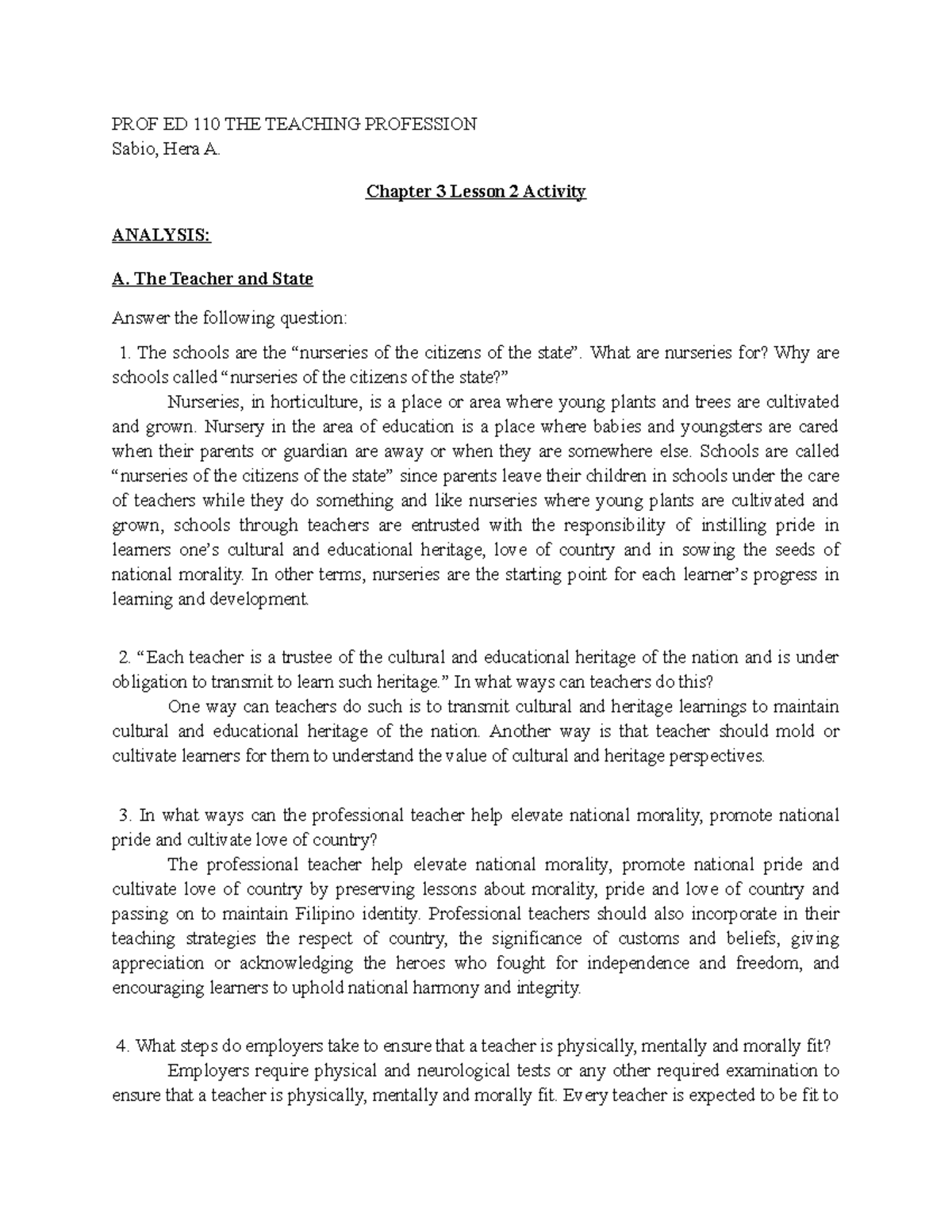 Sabio, Hera - Chapter 3 Lesson 2 Activity - PROF ED 110 THE TEACHING ...