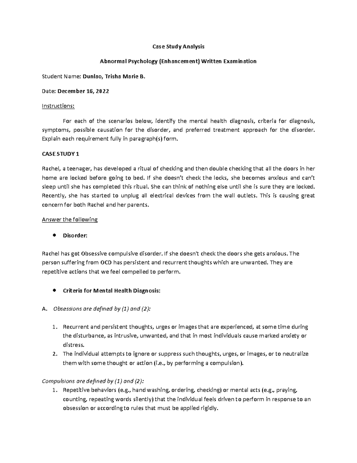 Case Study Analysis in Abnormal Psychology (Enhancement) - Studocu