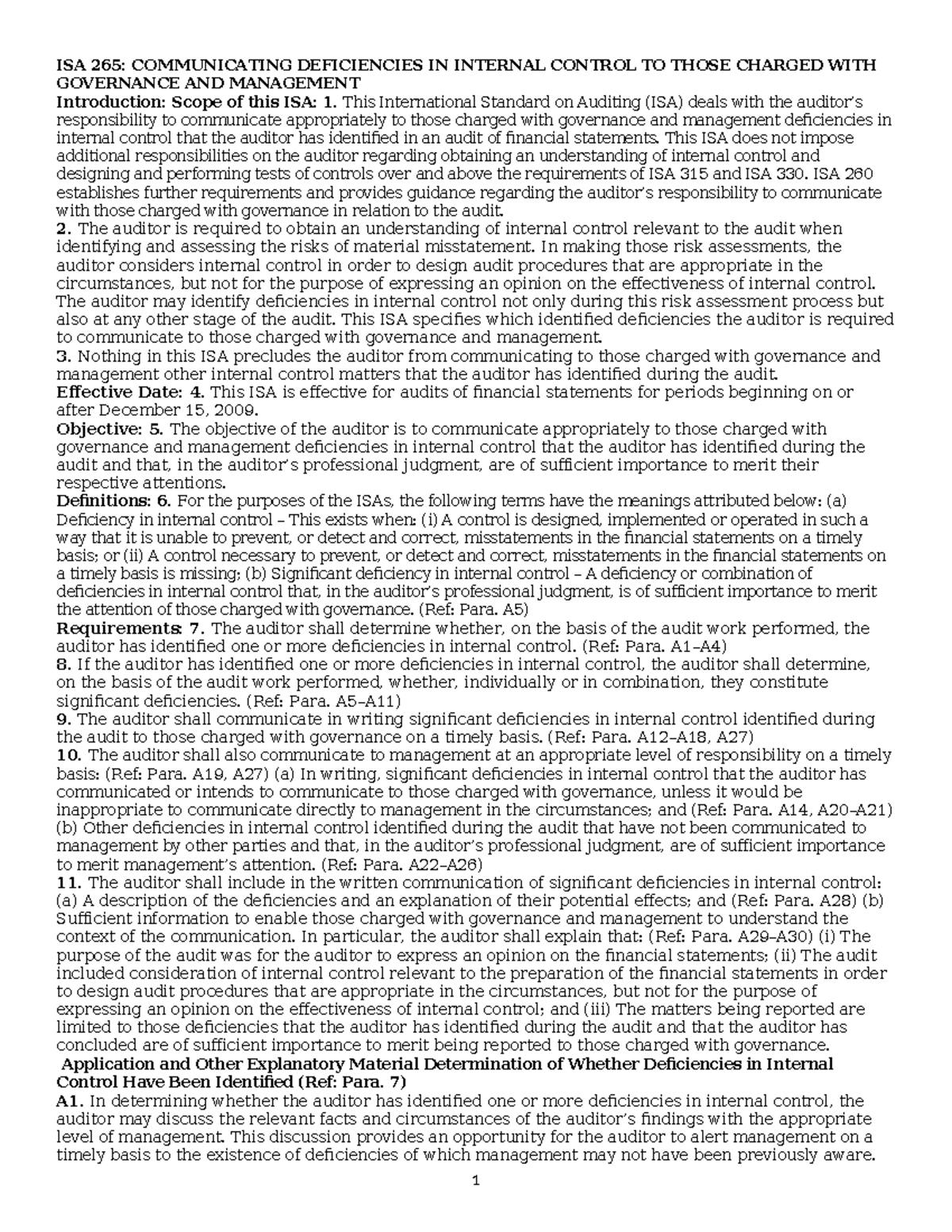 ISA 265: Communicating Internal Control Deficiencies to Governance ...