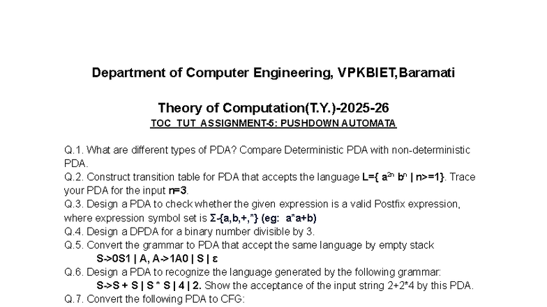 TOC TUT Assignment 5: Theory of Pushdown Automata (PDA) - Studocu