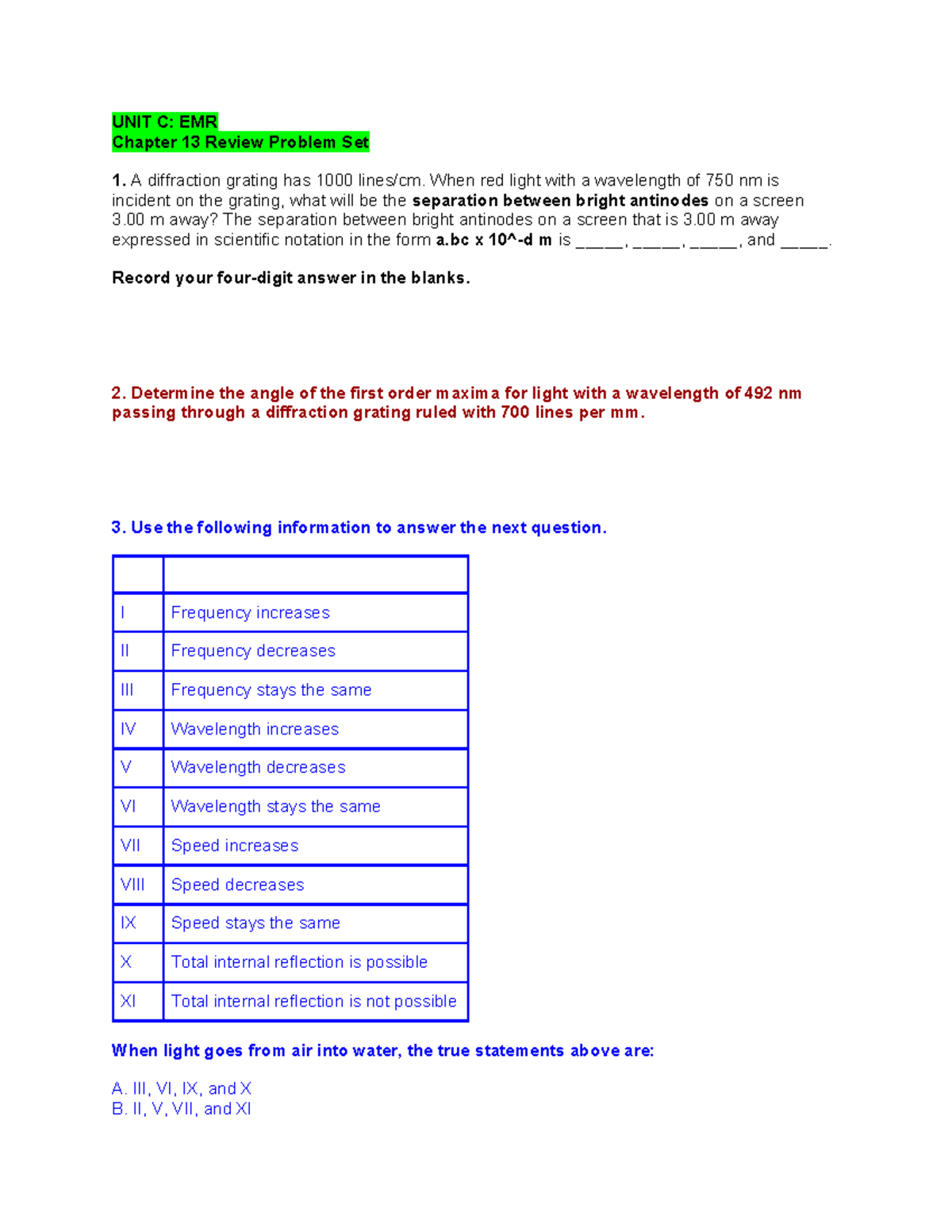 Chapter 13 Review Problem Set: EMR Diffraction & Light Properties - Studocu