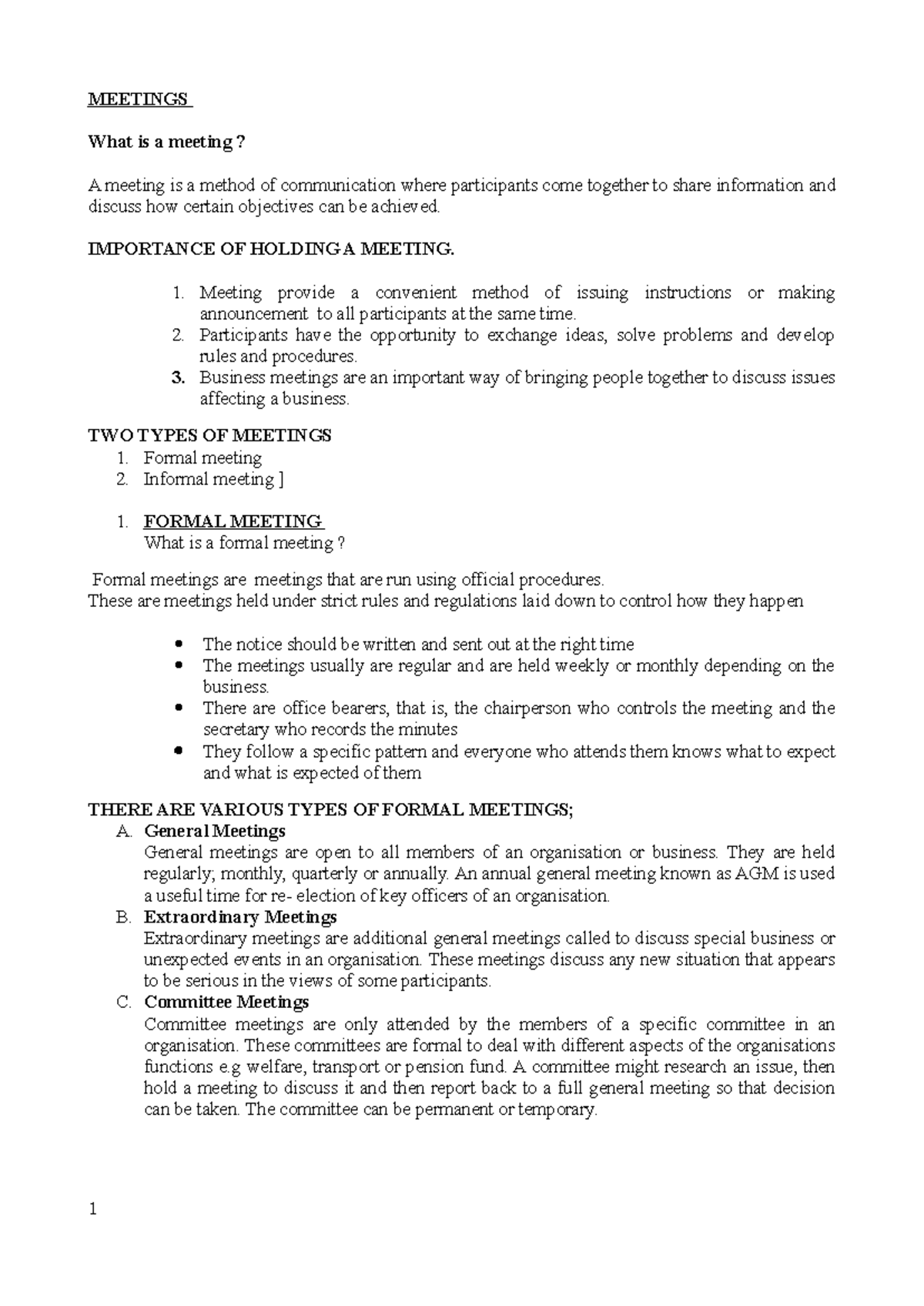 MEETINGS: Understanding Formal and Informal Types in Class Notes - Studocu