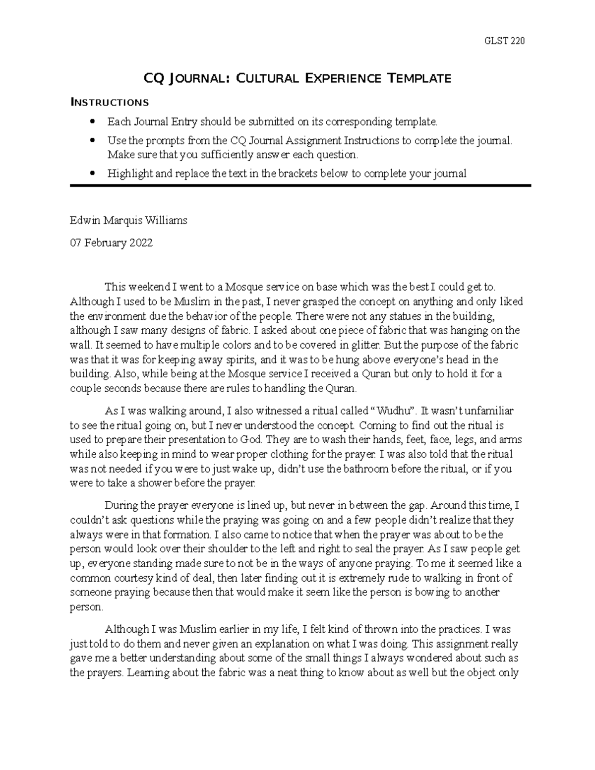 CQ Journal Cultural Experience - GLST 220 CQ JOURNAL: CULTURAL ...