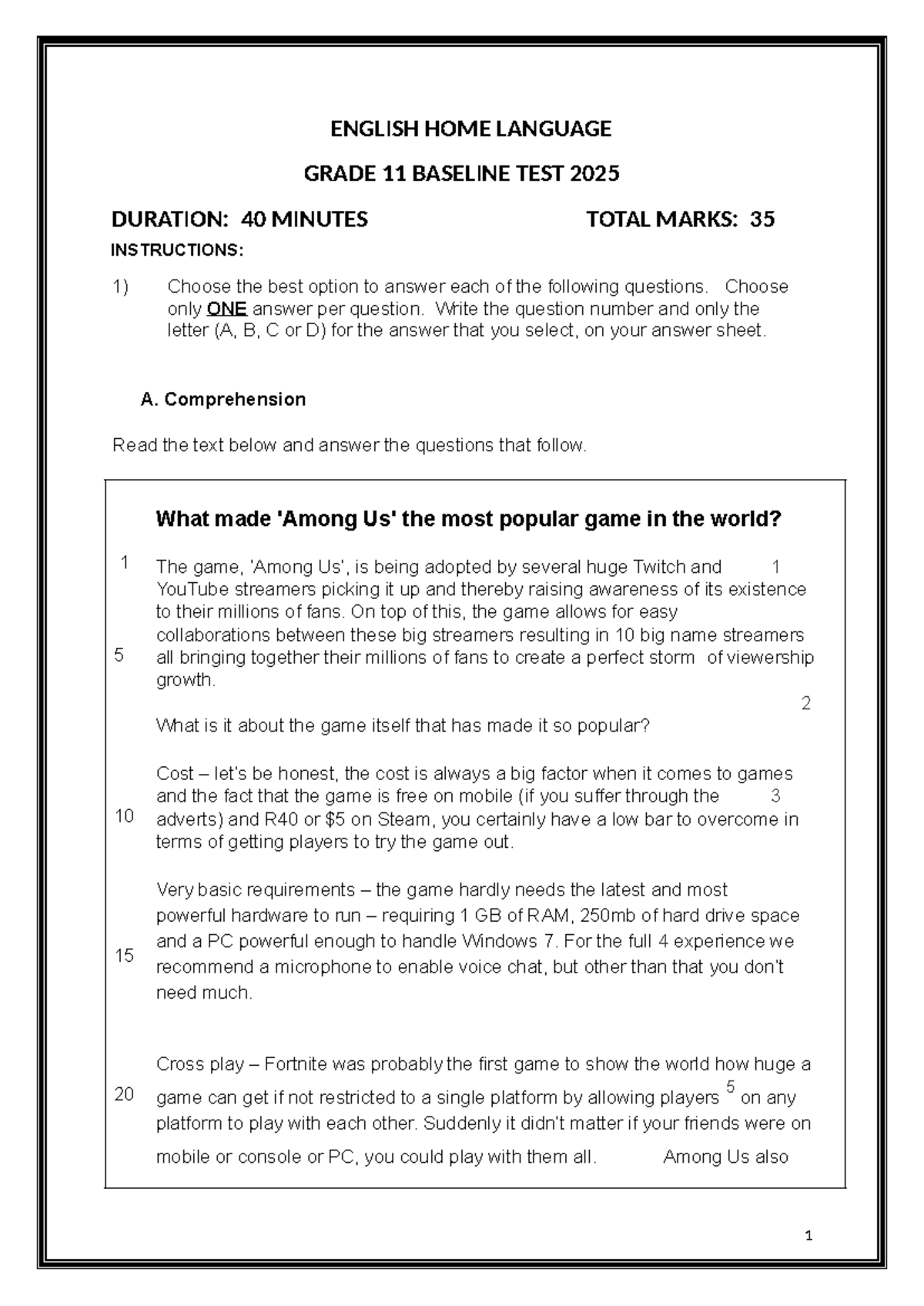2025 Eng HL Grade 11 Baseline Test: Comprehension & Language - Studocu