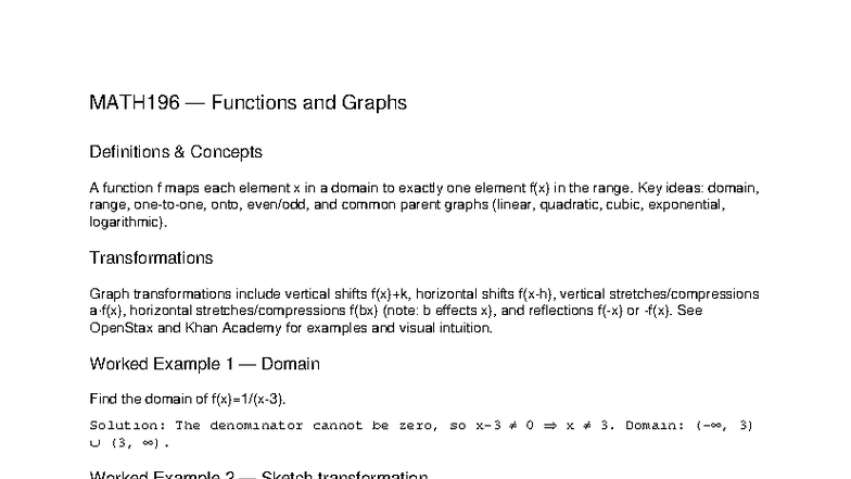 MATH196 Functions and Graphs: Key Concepts & Worked Examples - Studocu