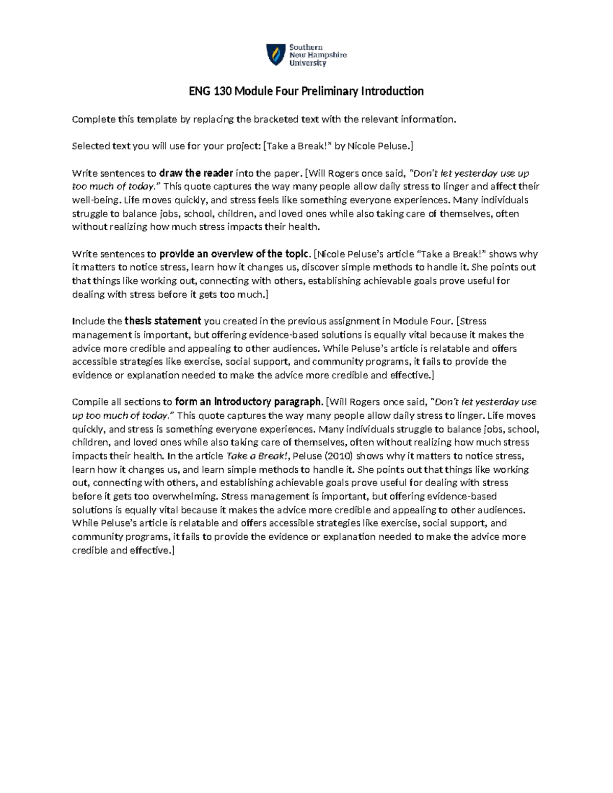 ENG 130 Module Four Introductory Paragraph on Stress Management - Studocu