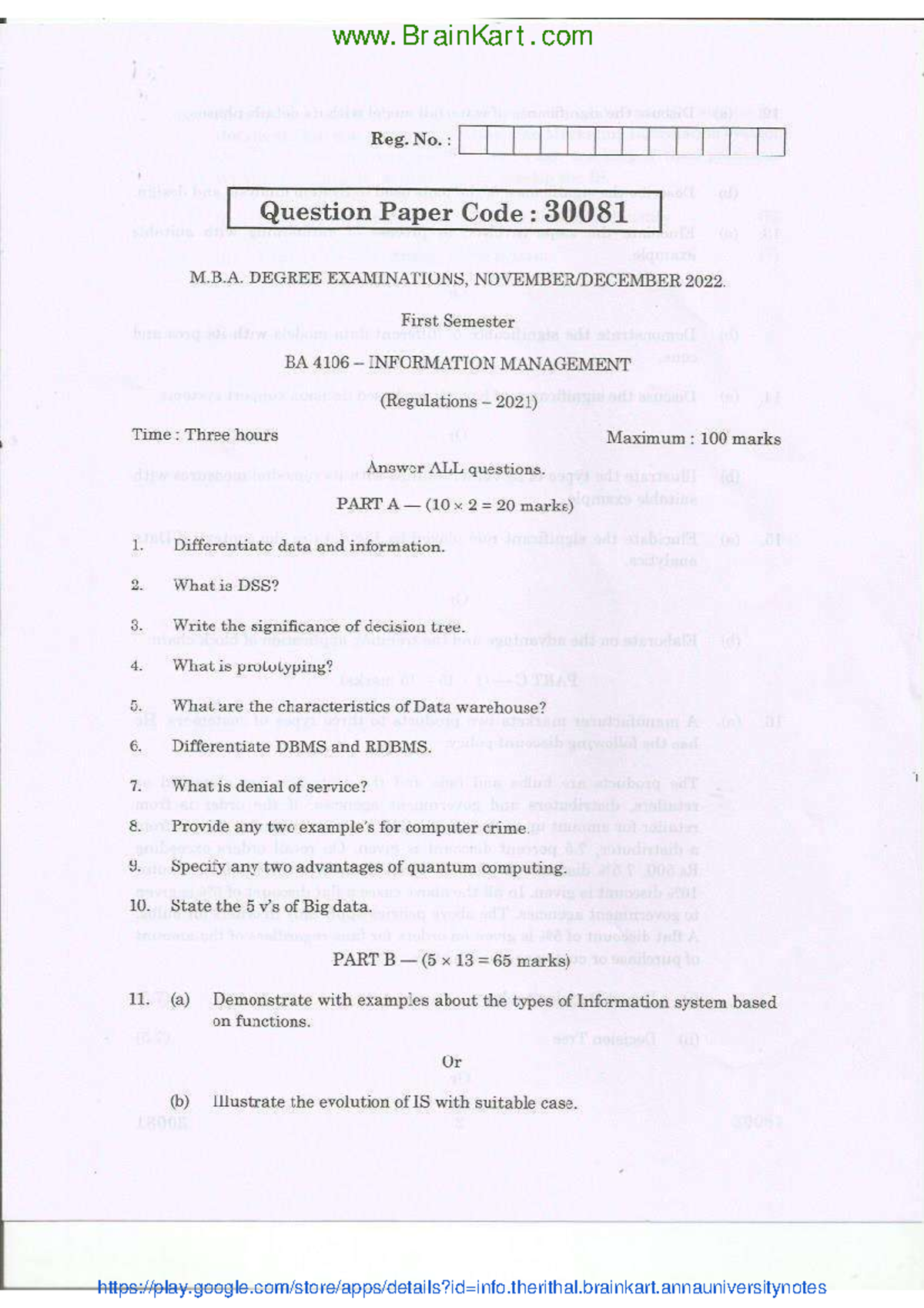 Information Management - BA4106 2021 Regulation - Question Paper 2022 ...
