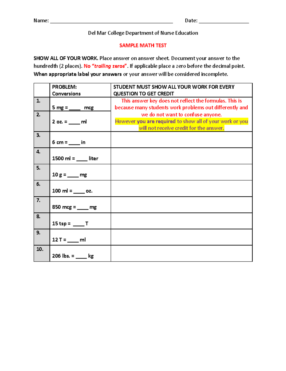Sample MATH TEST - 2w21ew - Del Mar College Department of Nurse ...
