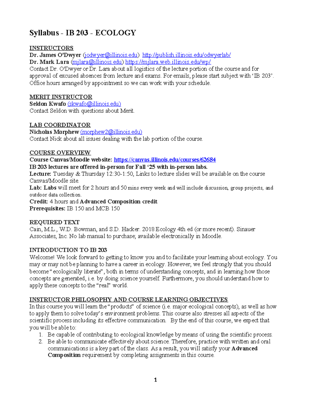IB 203 Syllabus: Ecology Course Overview for Fall 2025 - Studocu
