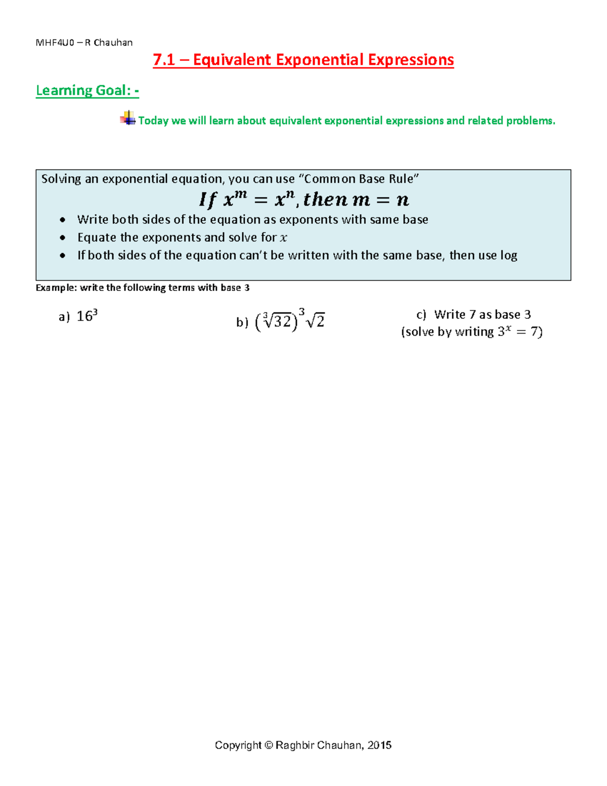MHF4U0 7.1 Class Notes on Equivalent Exponential Expressions - Studocu