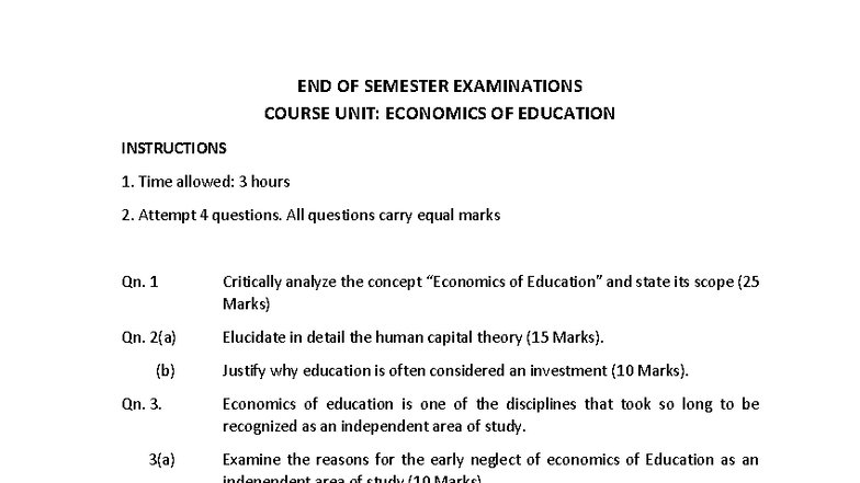 Economics OF Education - END OF SEMESTER EXAMINATIONS COURSE UNIT ...
