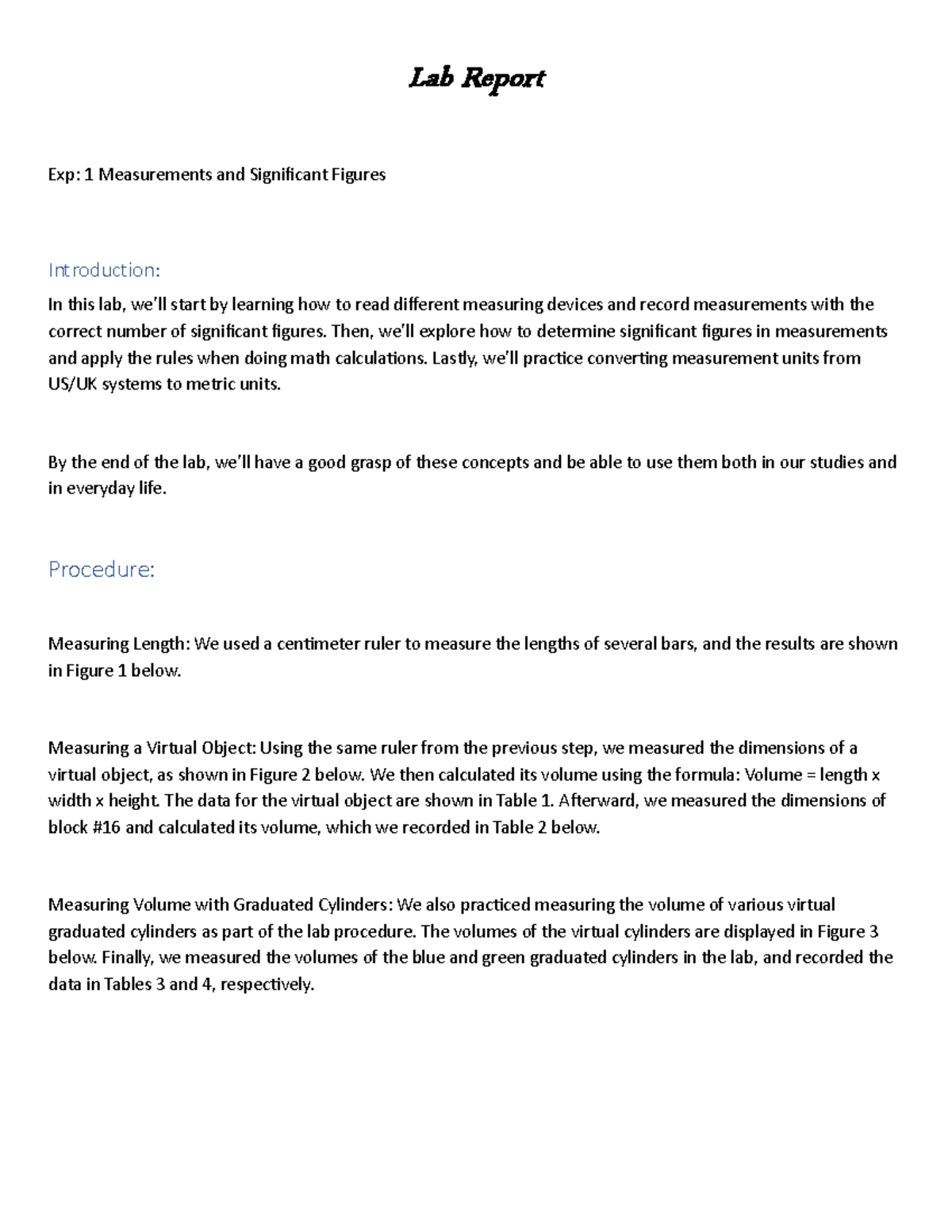 Lab Report: Measurements & Significant Figures (Exp: 1) - Lab Report ...