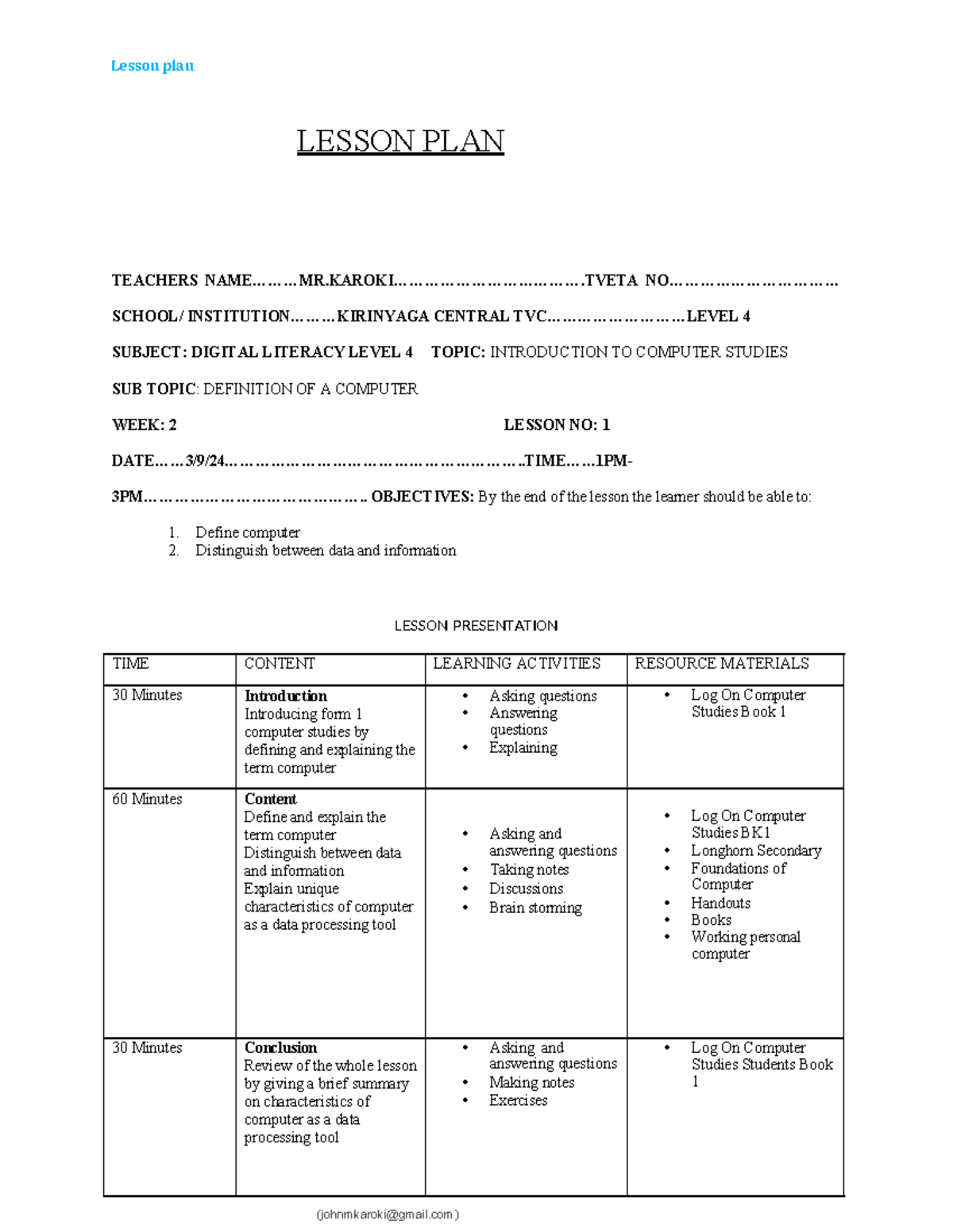 Computer-studies-free-lesson-plans (1)2 - LESSON PLAN TEACHERS - Studocu