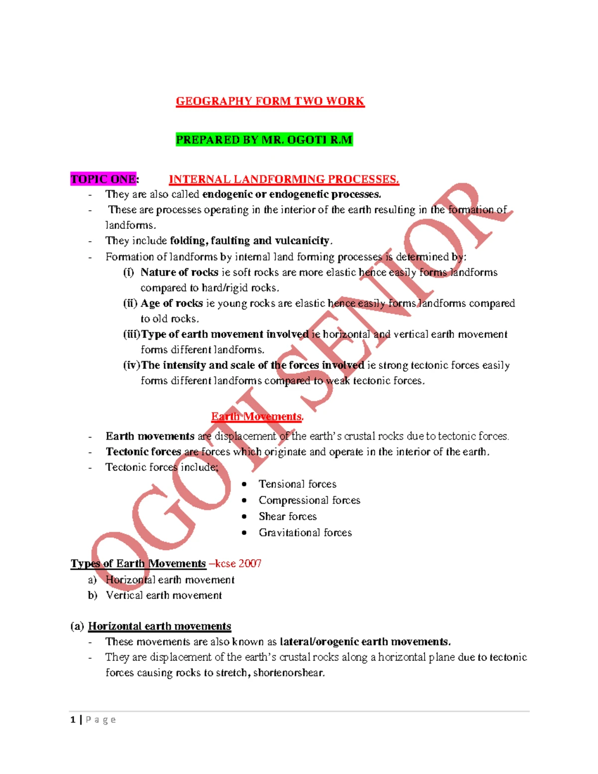Geography Form 2: Internal Landforming Processes Overview - Studocu