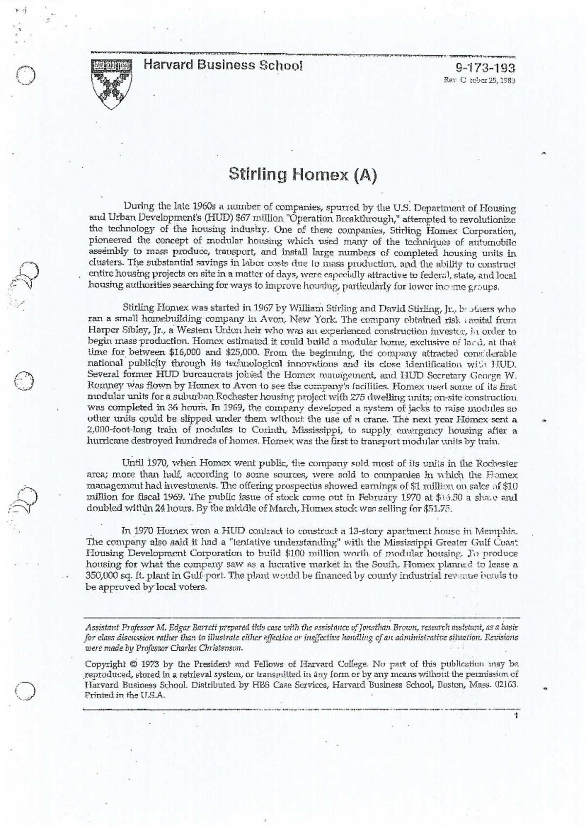 HBS Case Study: Stirling Homex (A) - Modular Housing Innovations - Studocu