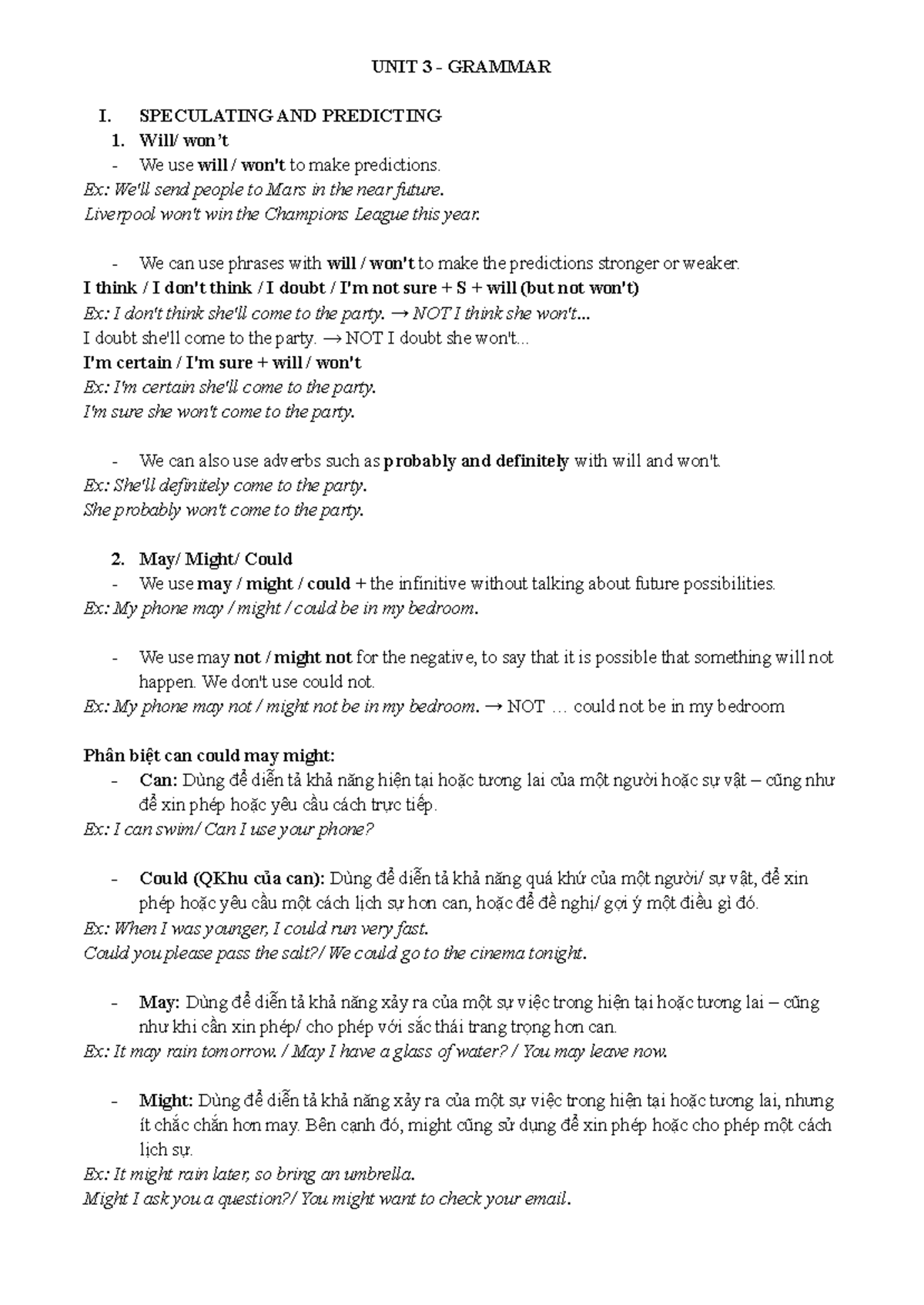 UNIT 3 - Grammar: Speculating, Predicting & Future Tenses - Studocu
