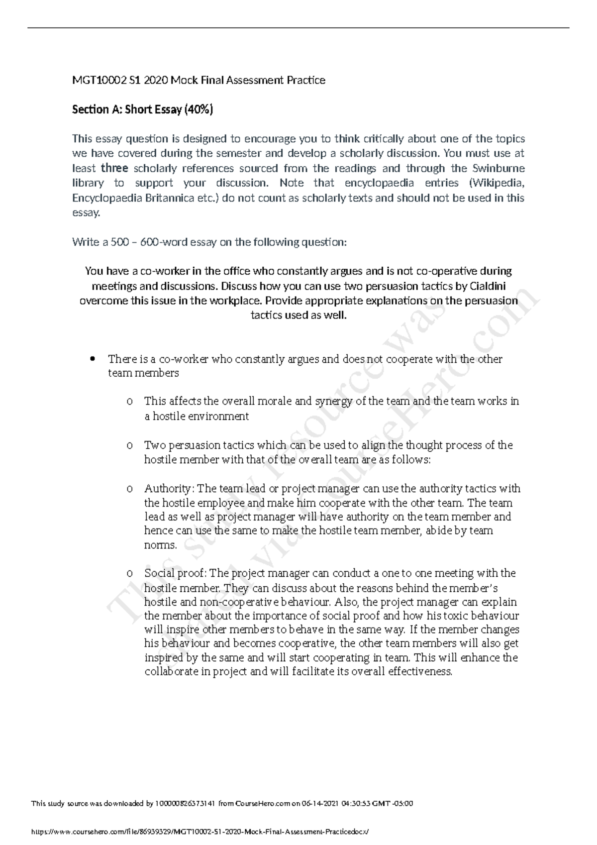 MGT10002 S1 2020 Mock Final Assessment Practice - Introduction to ...