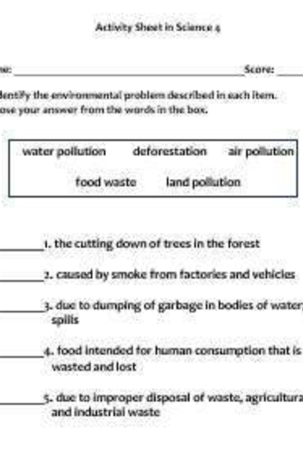 Activity Sheet in Science 4: Environmental Issues and Solutions - Studocu