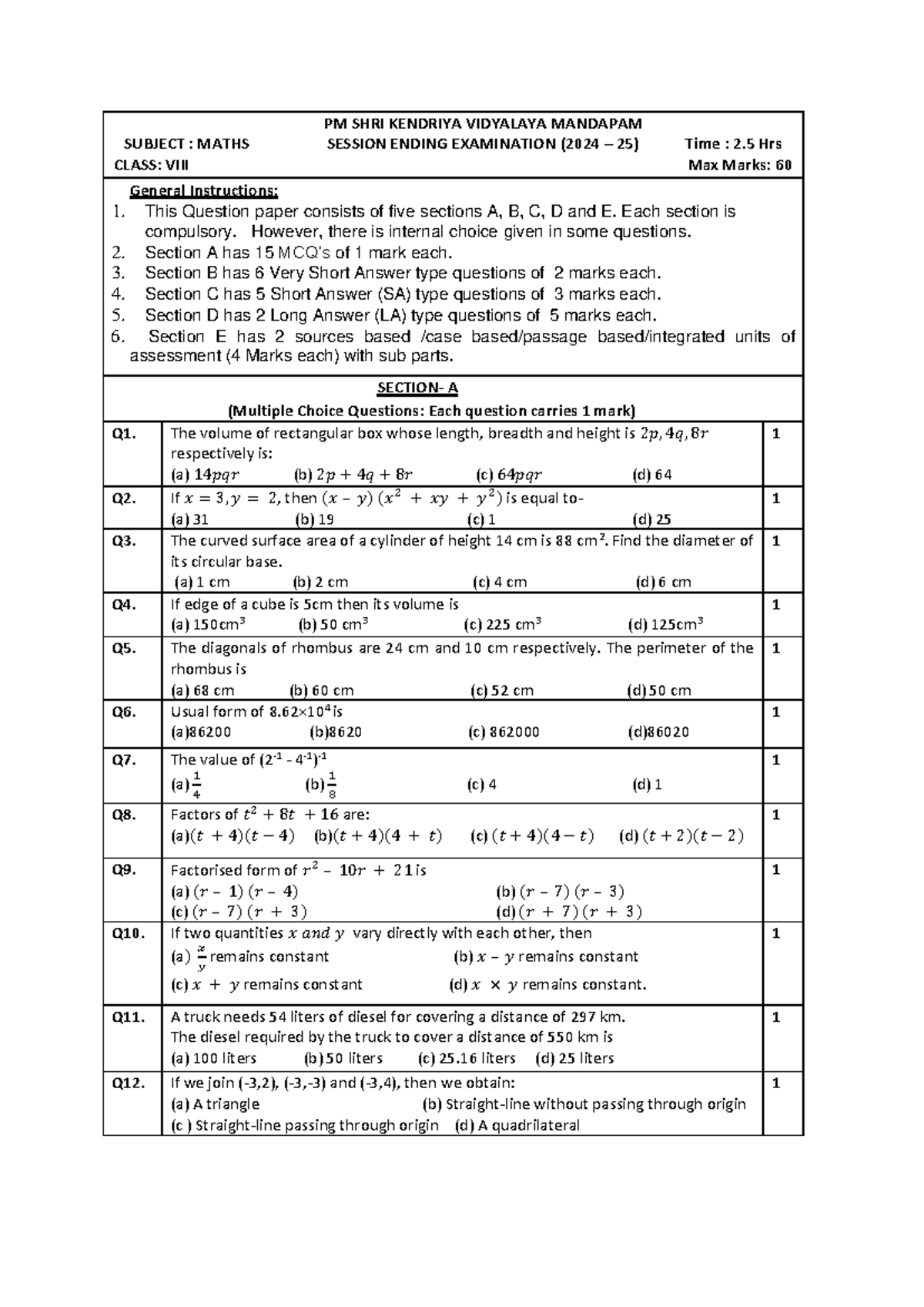 Maths VIII SEE Paper - PM KV Mandapam (2024-25) Exam Format & Questions ...