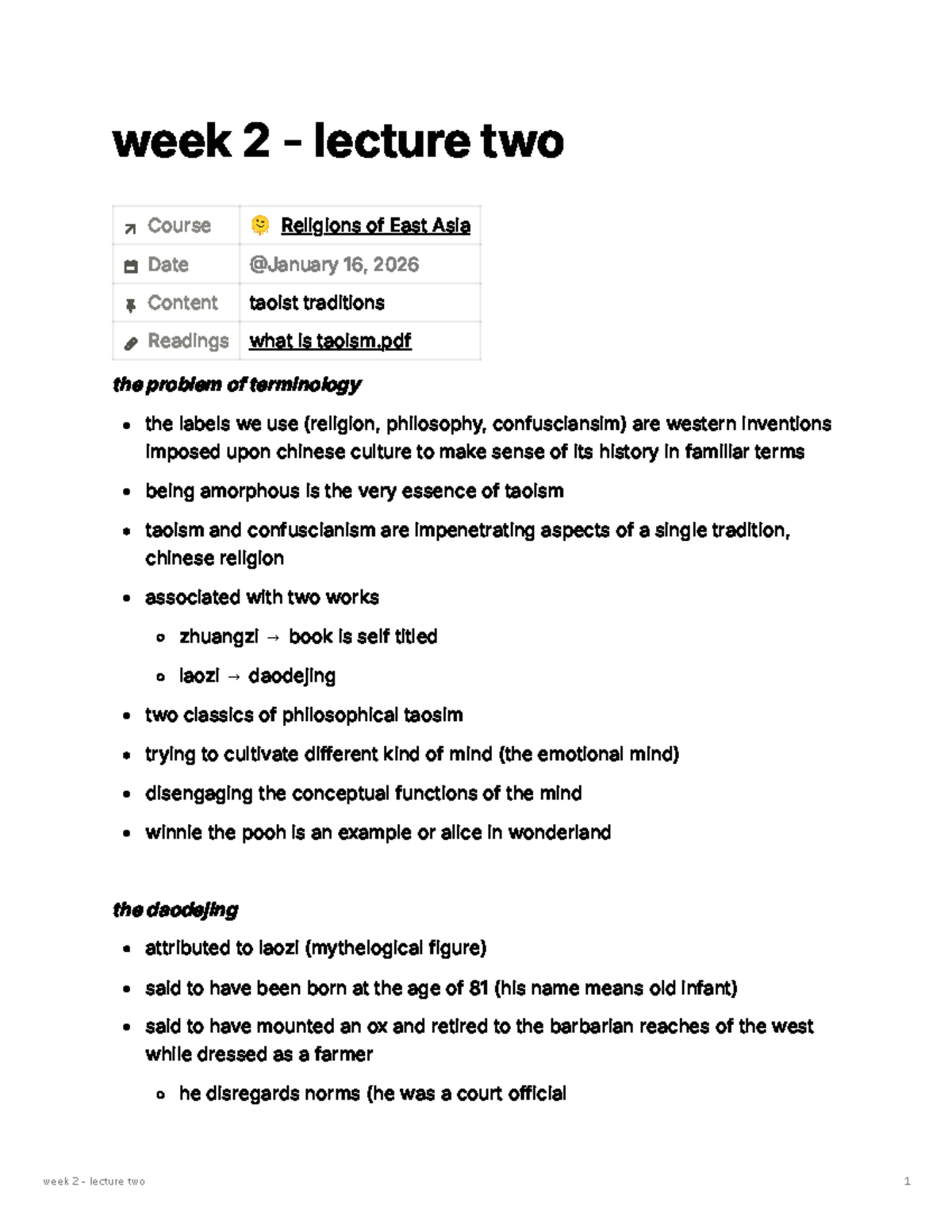 Week 2 Lecture 2: Taoist Traditions in East Asian Religions - Studocu