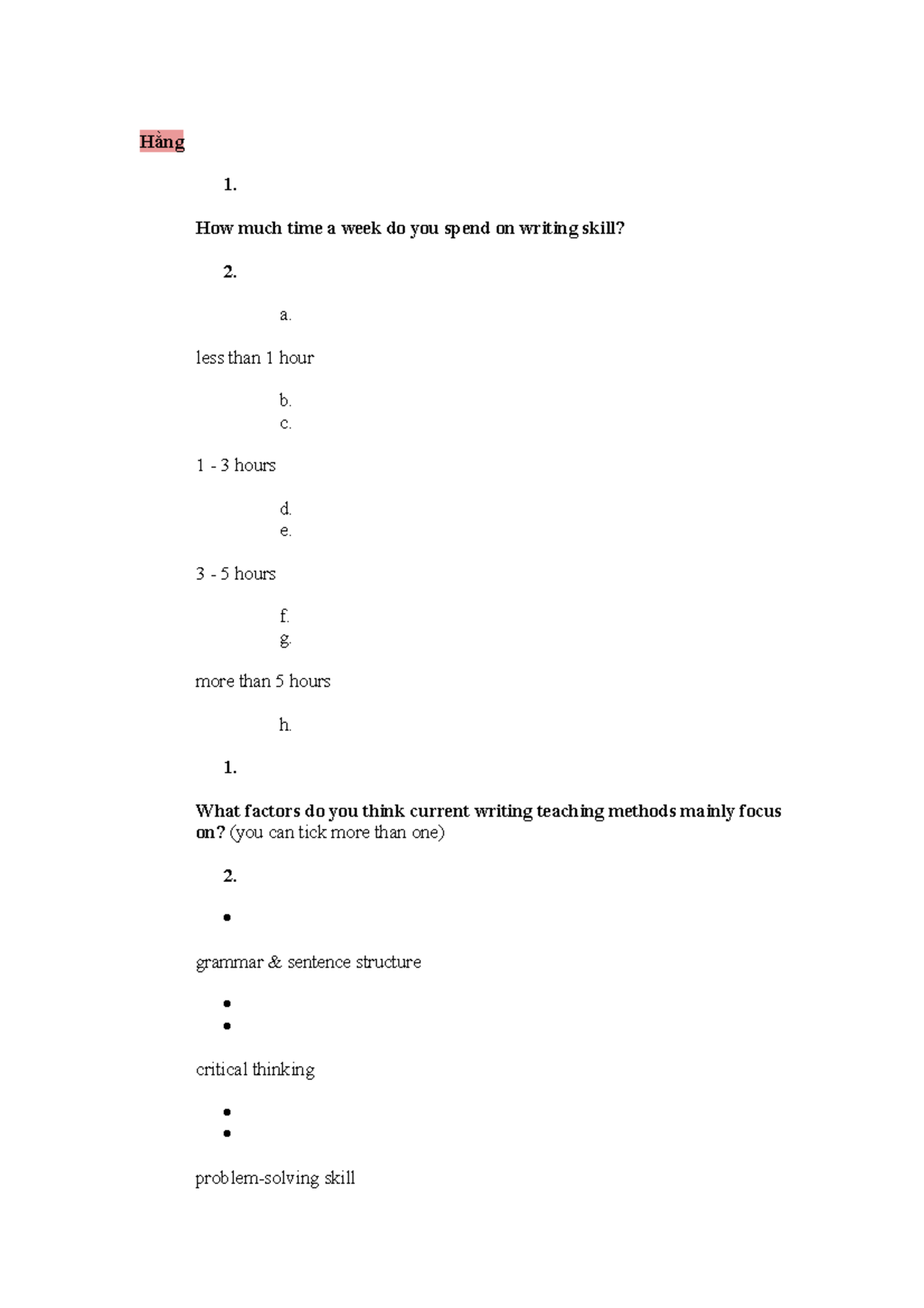 Questionnaire for Research Writing (Course Code: WR 101) - Studocu