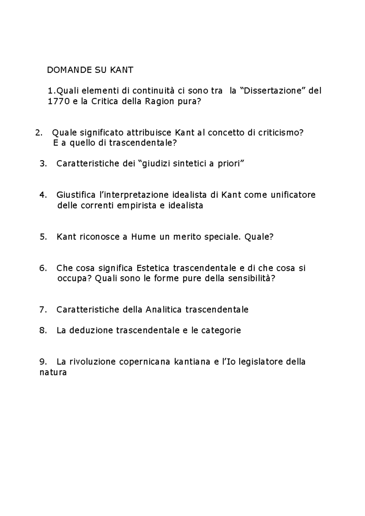 Domande su Kant: Riflessioni e Analisi Critica - Studocu