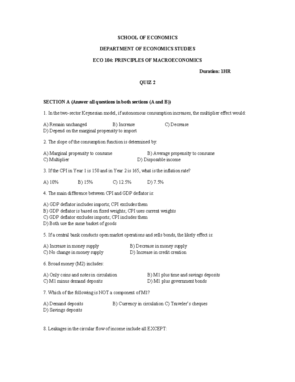 ECO 104: Principles of Macroeconomics Quiz 2 - Practical Questions ...
