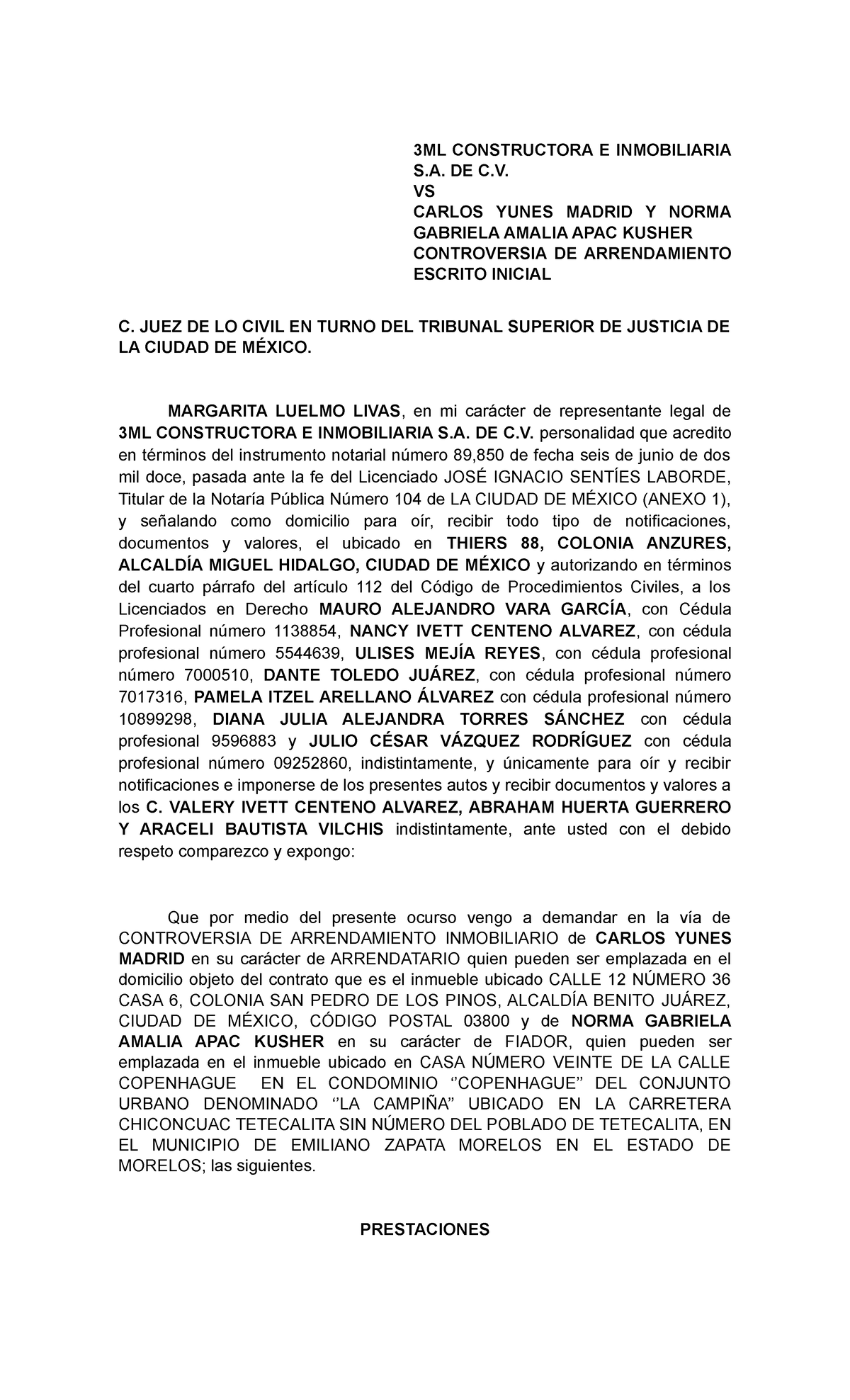 Demanda de Arrendamiento 3ML Constructora vs. Carlos Yunes y Norma ...