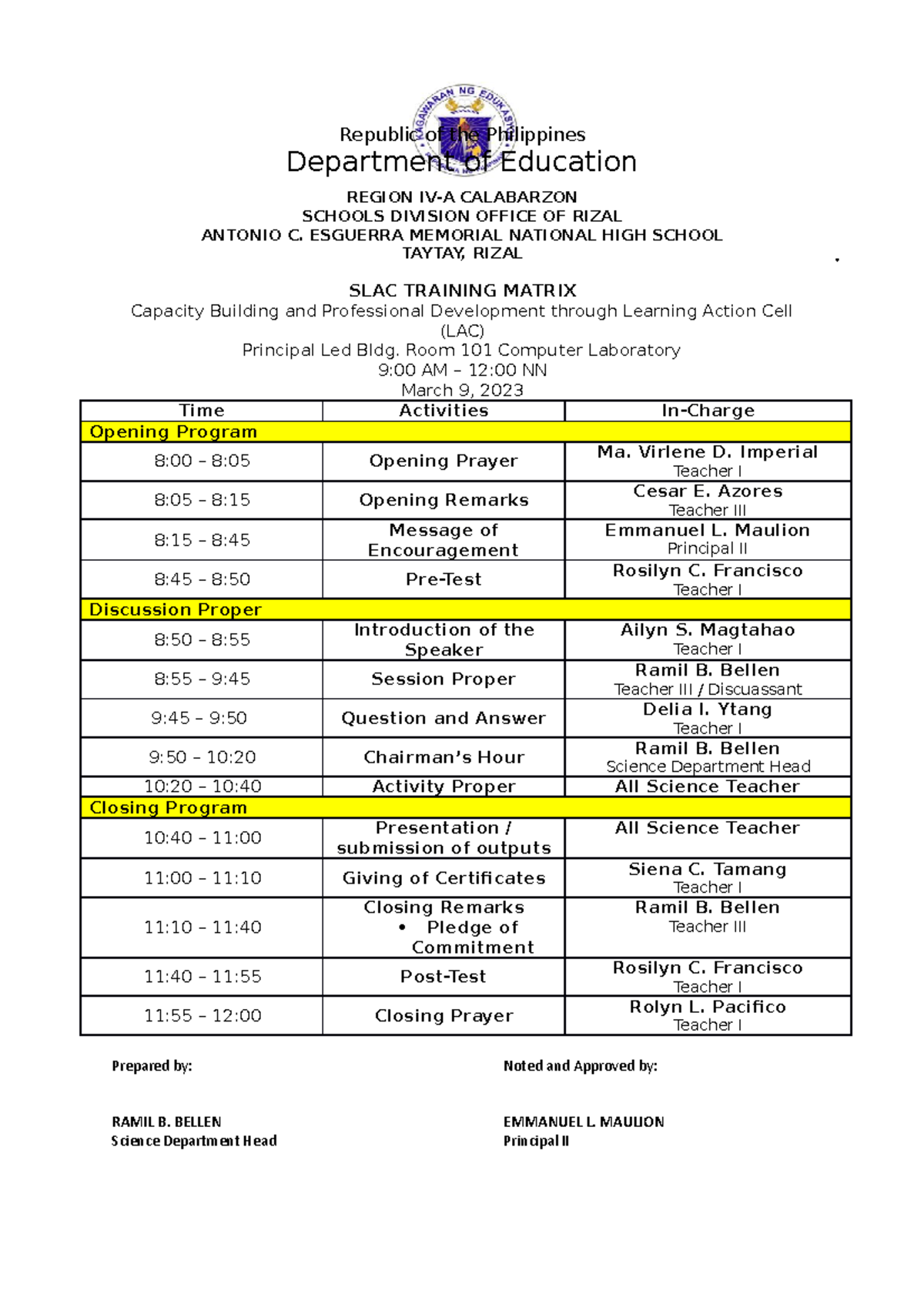 SLAC Training Matrix for Capacity Building: March 9, 2023 - Studocu