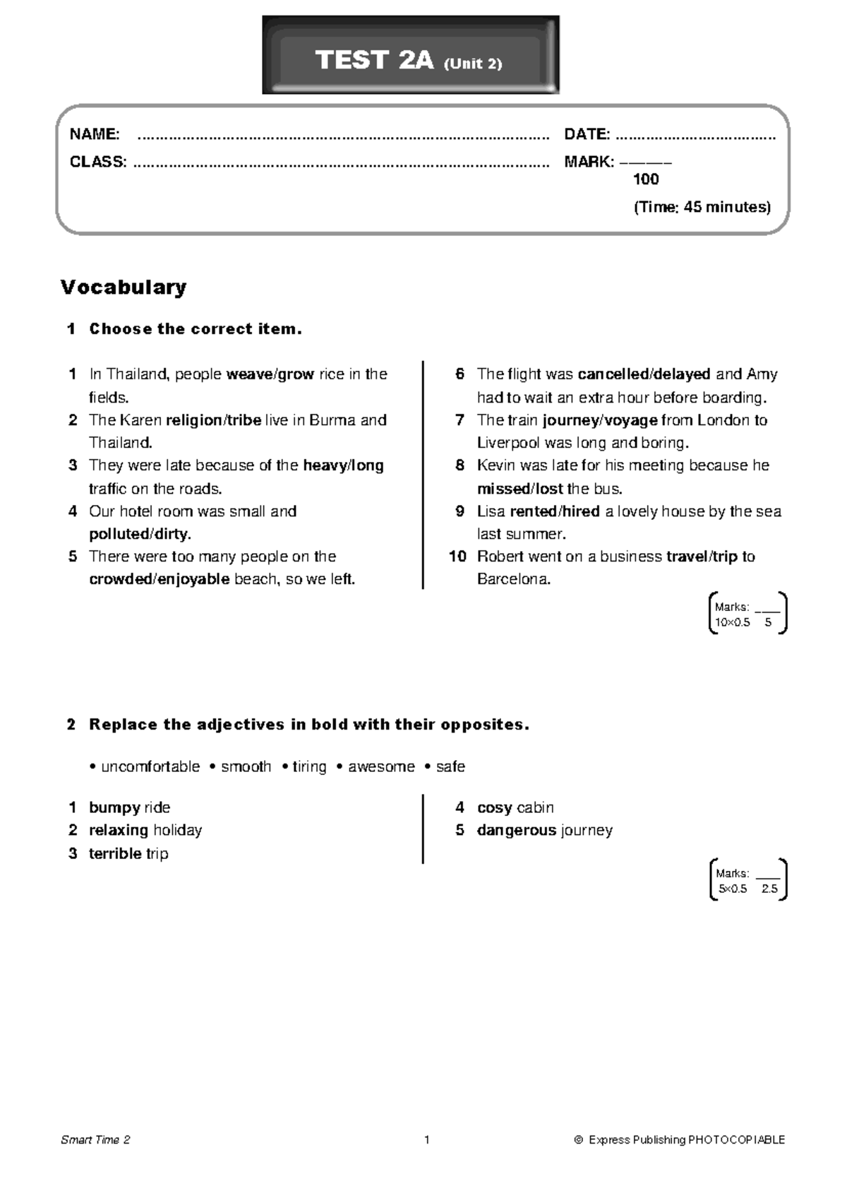 Smart Time 2 TEST 2A (Unit 2) Vocabulary & Grammar Practice - Studocu