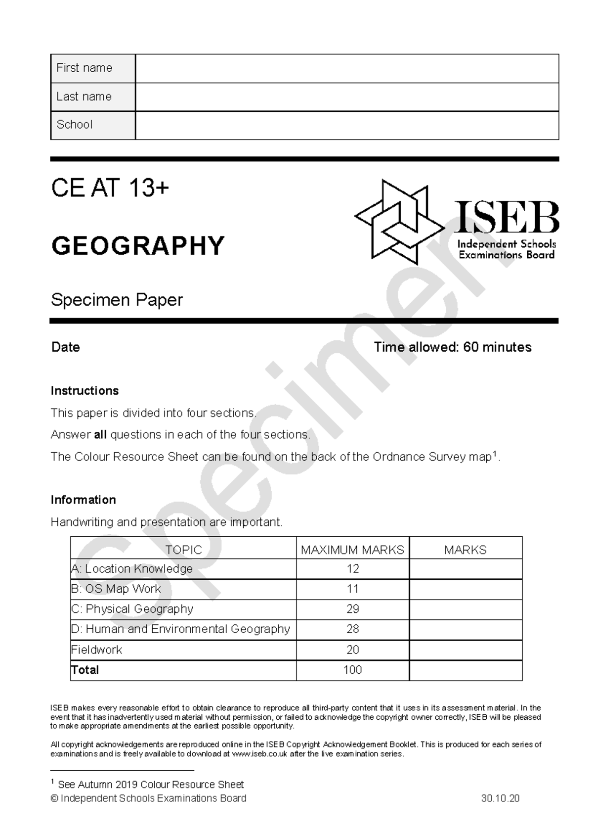 Specimen CE 13 Geography Exam Paper 2022 - 60 Min Duration - Studocu